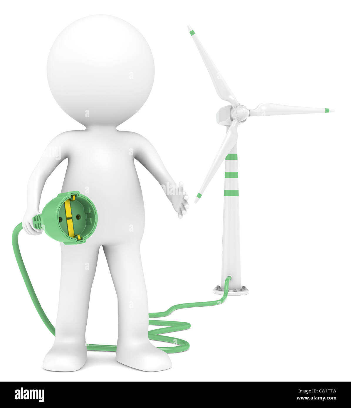 3D little human character holding a Power Cable connected to a Windmill ...