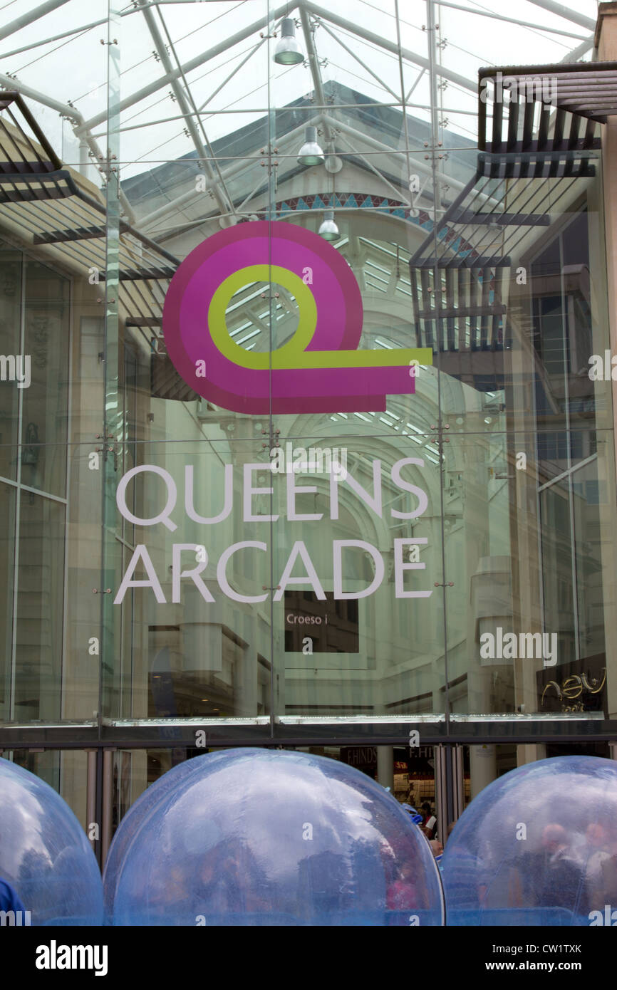 Queens Arcade shopping precinct, Cardiff city centre, with plastic ...