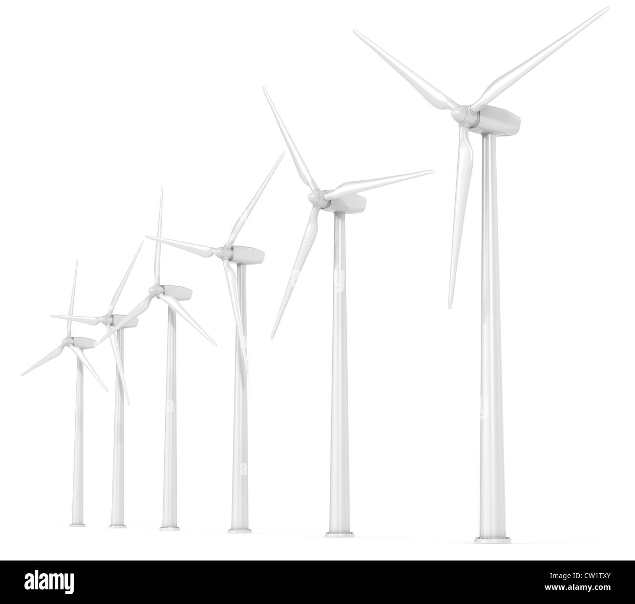 6 X Wind Turbines in a Row. Perspective view. White Background Stock ...