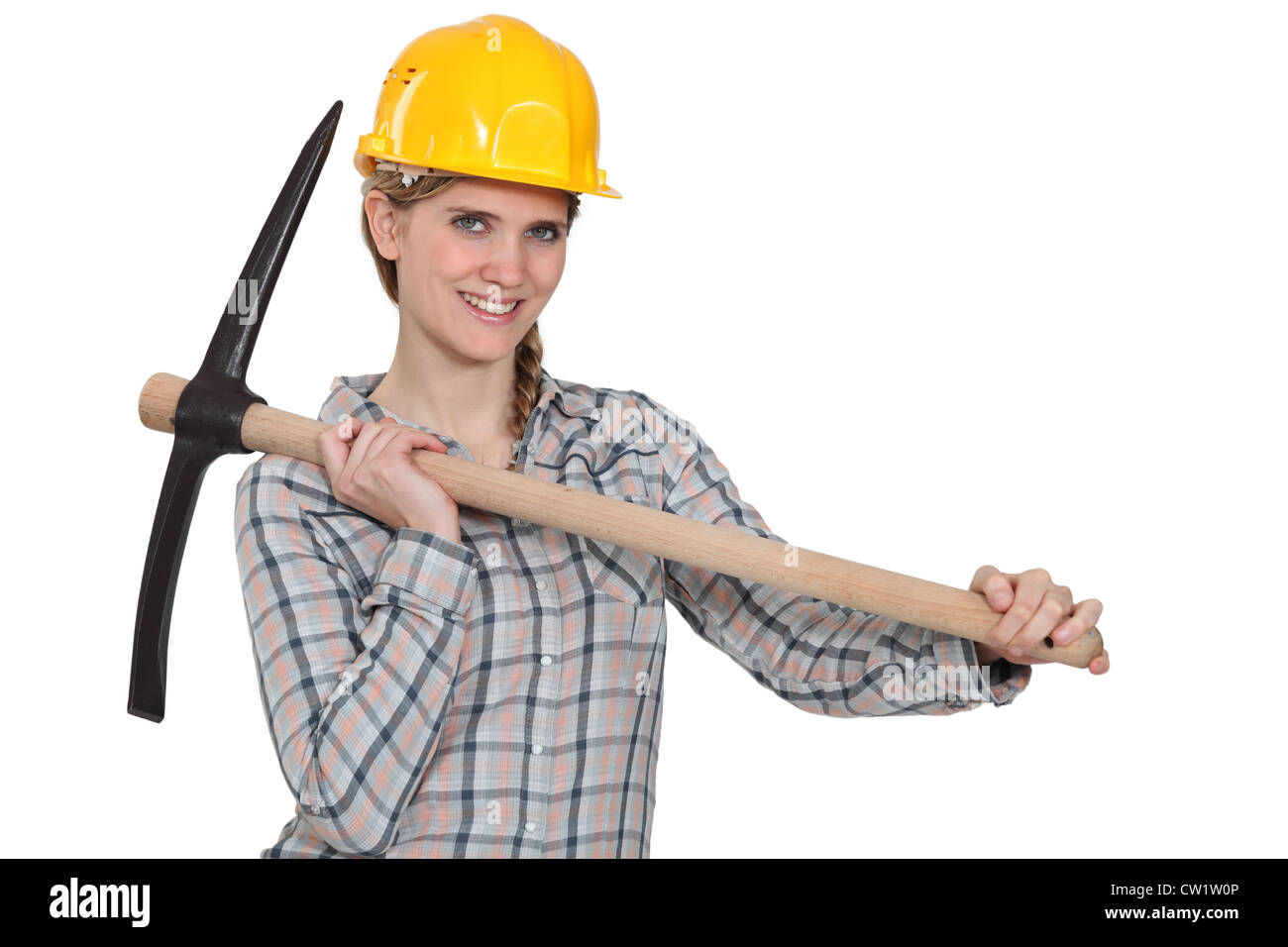 Woman holding pick axe hi-res stock photography and images - Alamy