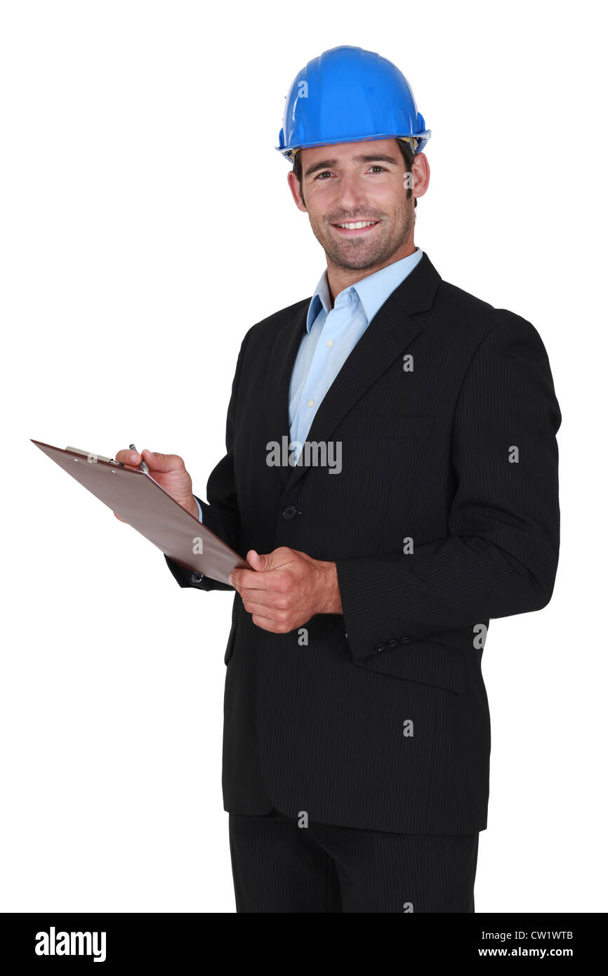 portrait of happy foreman and clipboard Stock Photo - Alamy