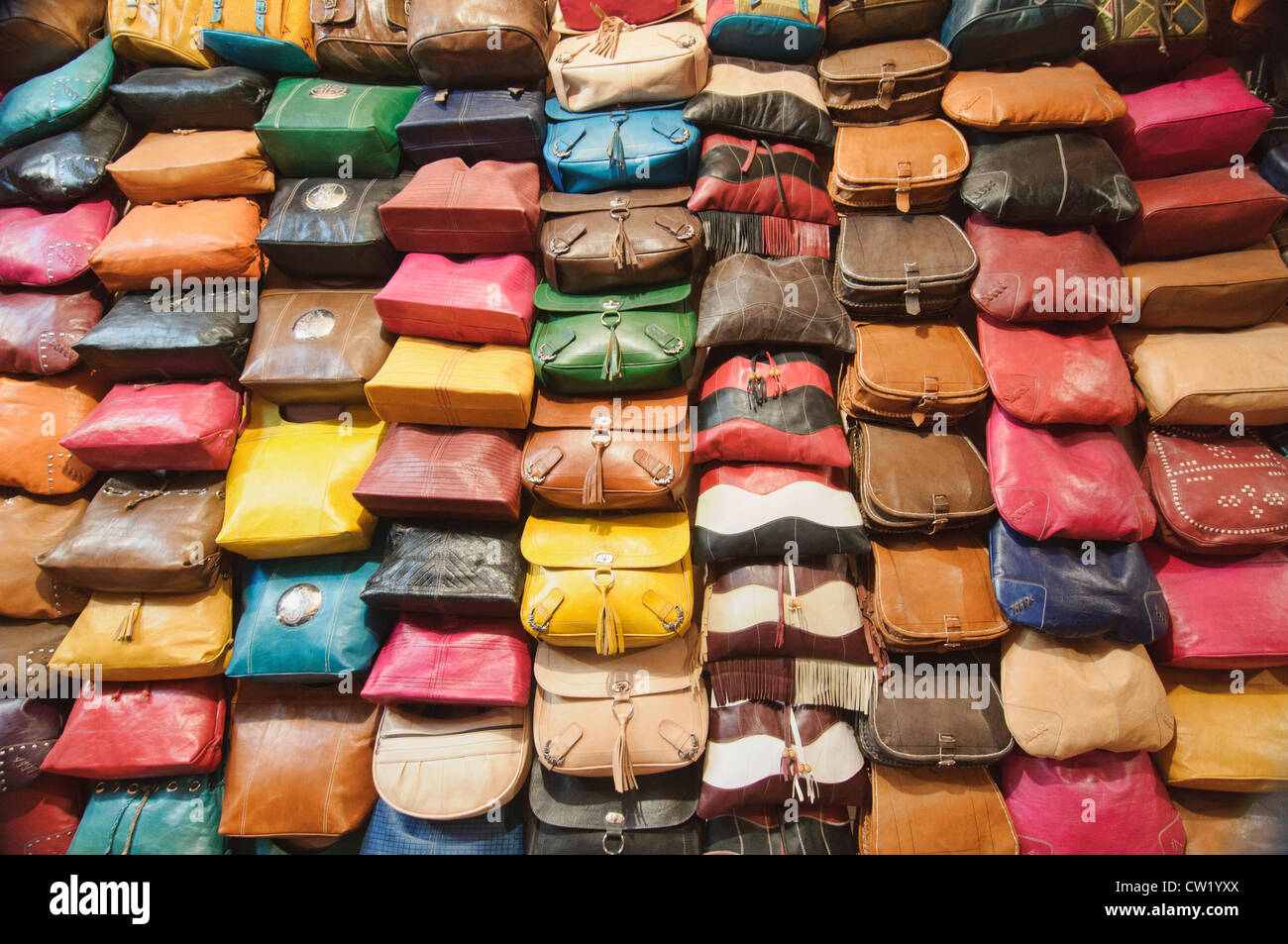 leather purses for sale in the souks of the ancient medina of Fes ...