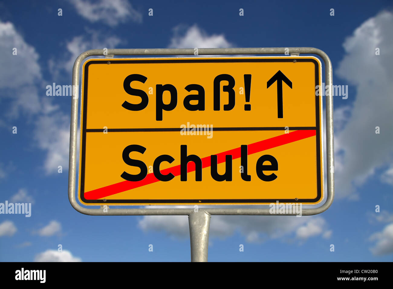German road sign school and fun with blue sky and white clouds Stock ...