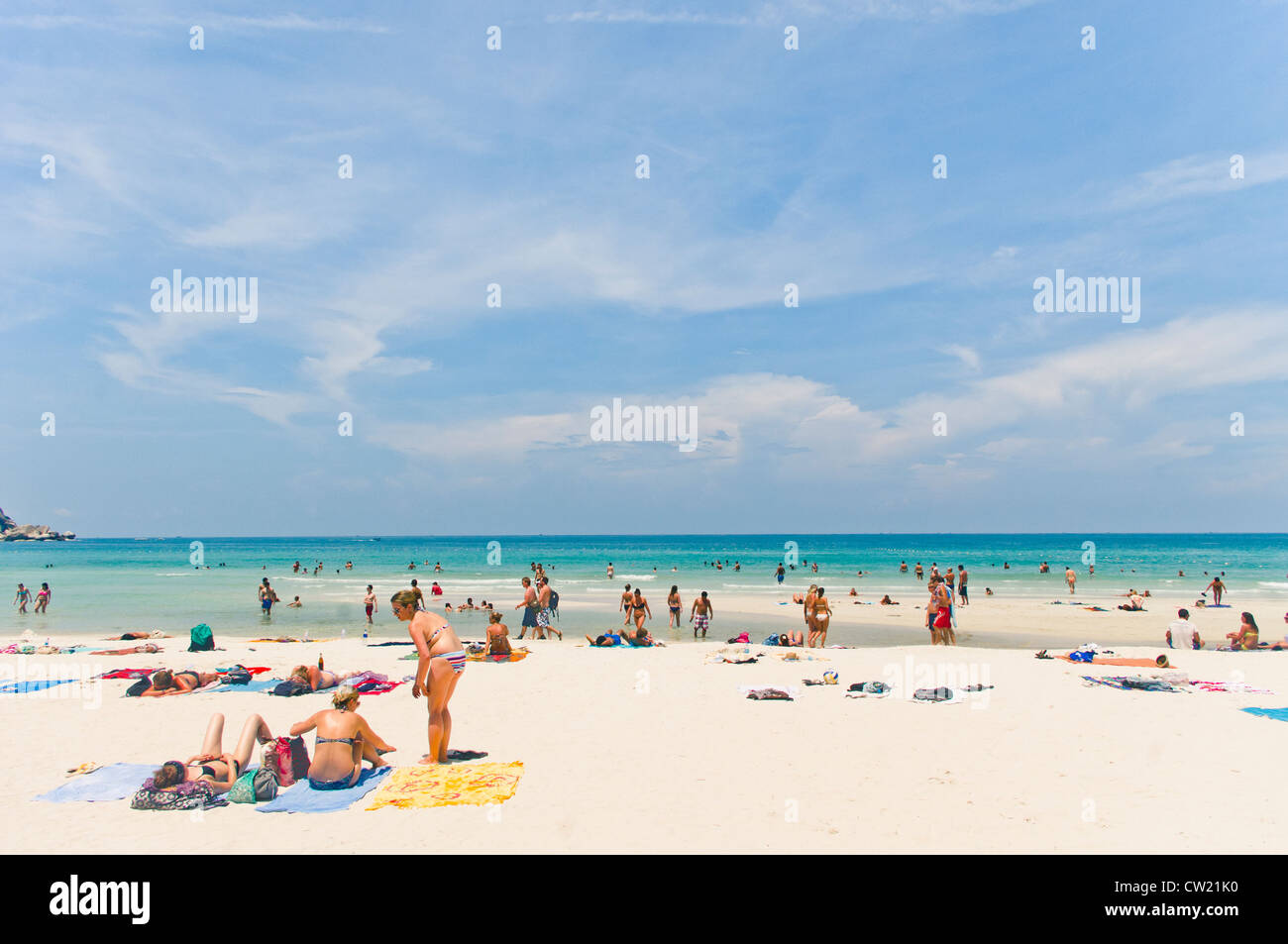 tourists at Haad rin beach of koh phangan thailand, where full moon ...