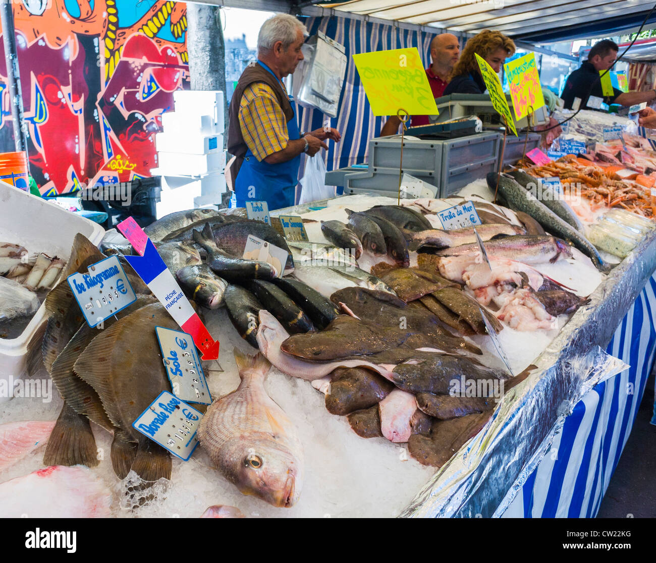 Paris, France, Clerk in Outdoor French Farmers Food Market, Fish Monger ...