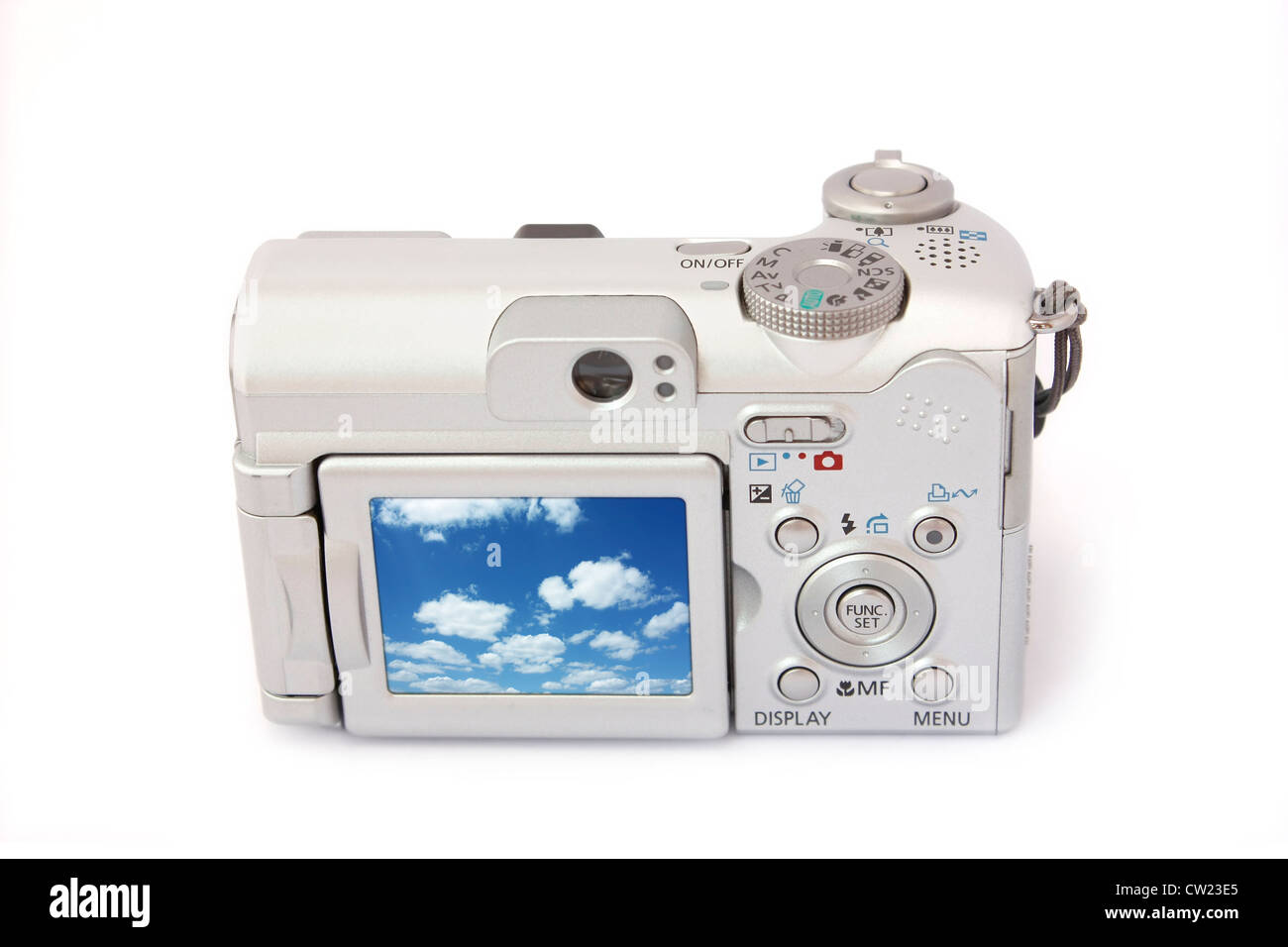 Compact digital camera isolated on white. Back view. Photo on screen is ...