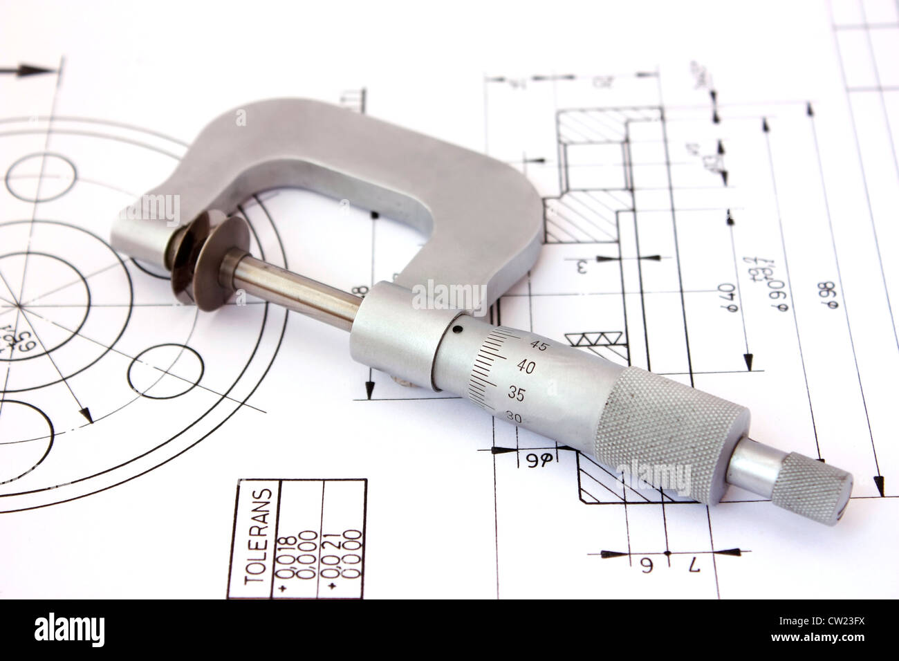 Micrometer on technical drawing. Horizontal Stock Photo - Alamy