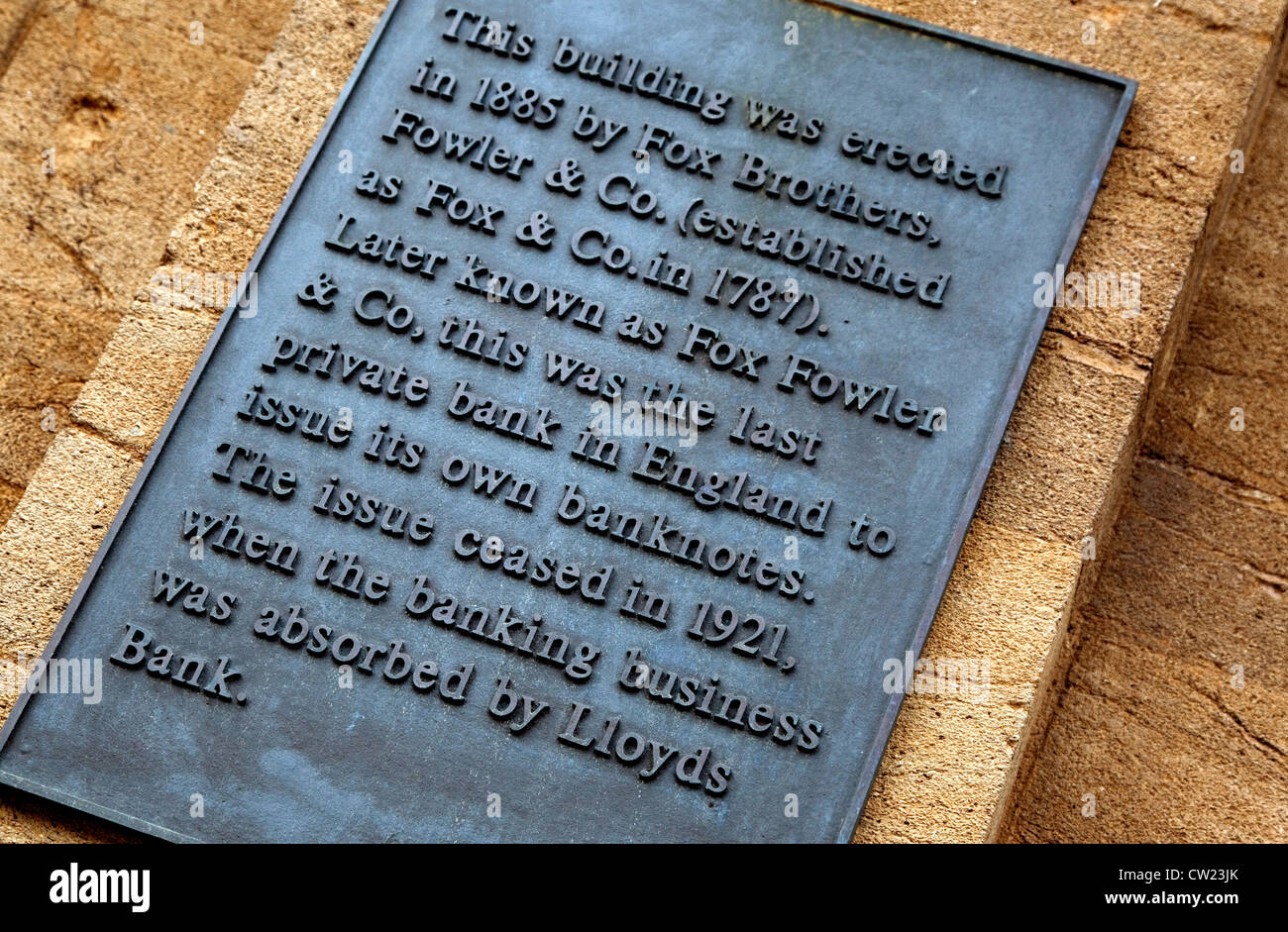 Plaque on Lloyds Bank in Wellington, Somerset which as Fox Fowler was ...