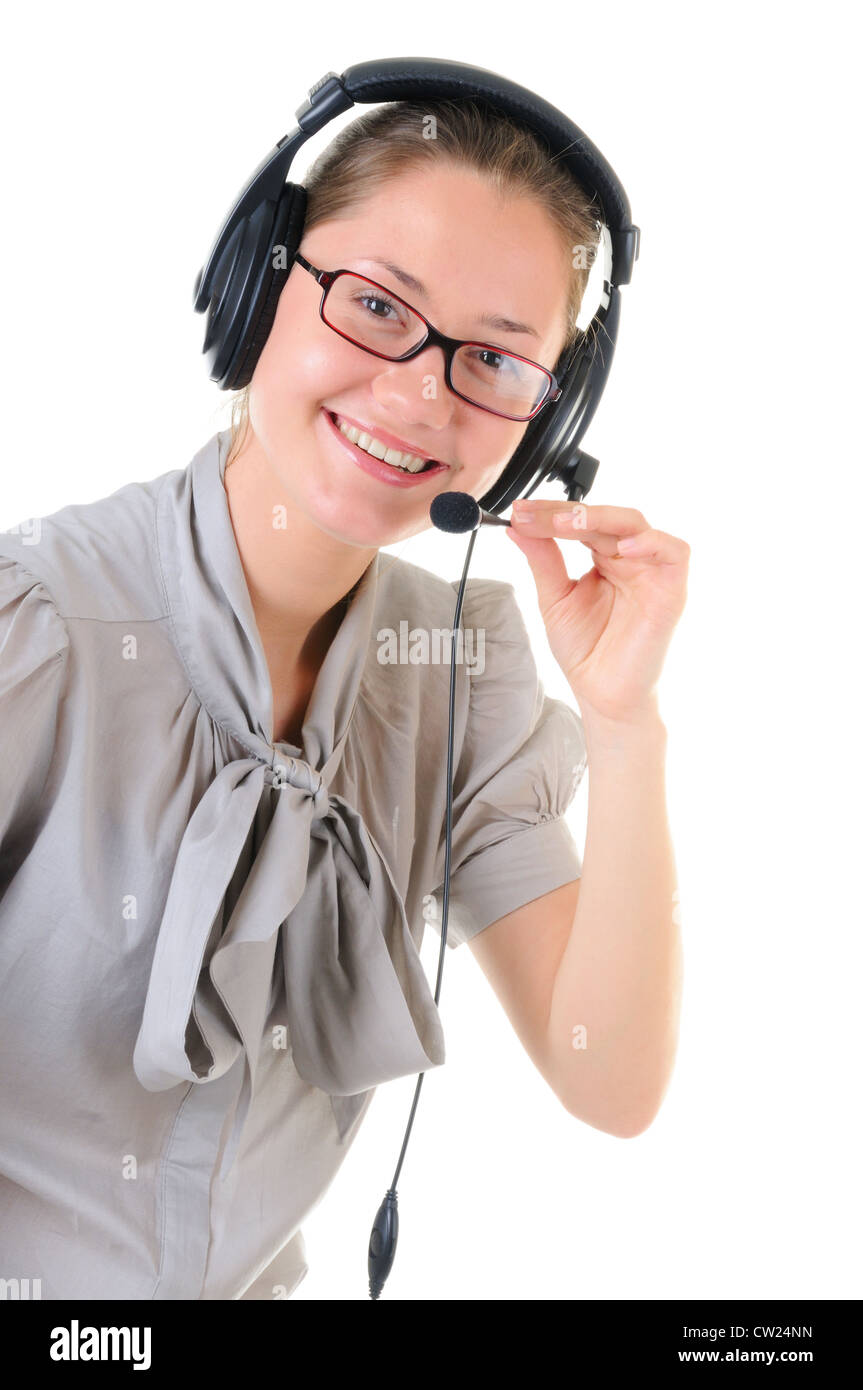 Smiling call-center representative with headset on white background ...