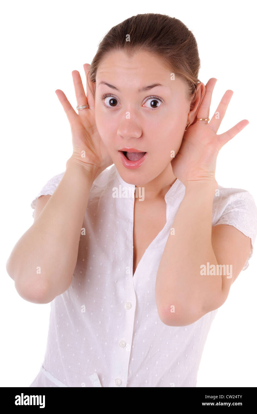 Young woman is ready to listen your requests. Isolated on white ...