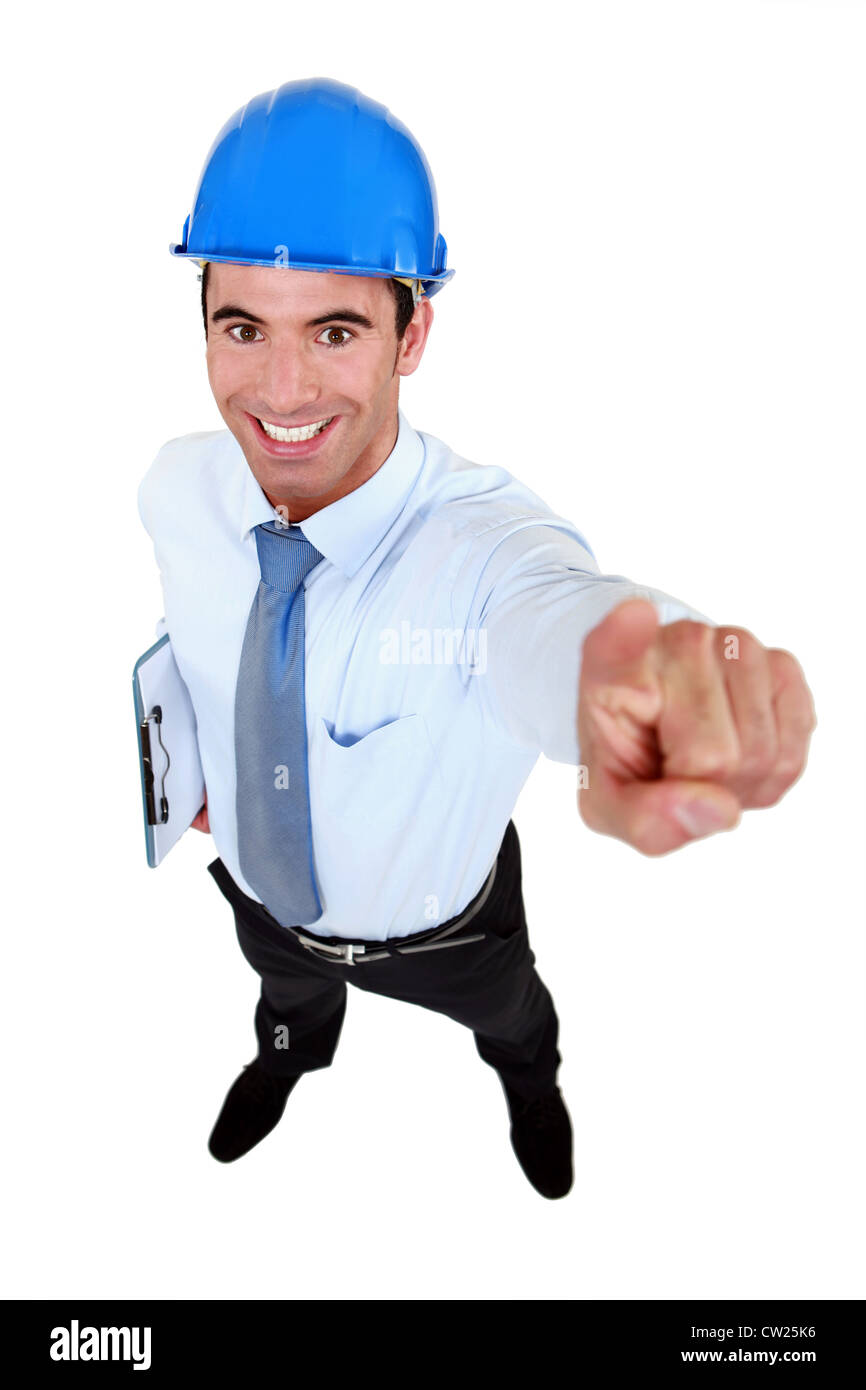 Enthusiastic engineer pointing upwards Stock Photo - Alamy