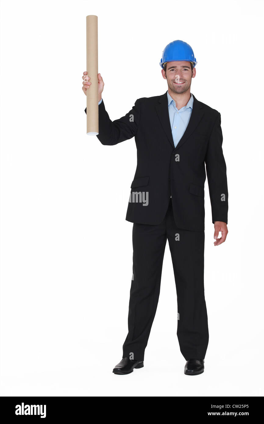 Engineer holding blueprint building Cut Out Stock Images & Pictures - Alamy