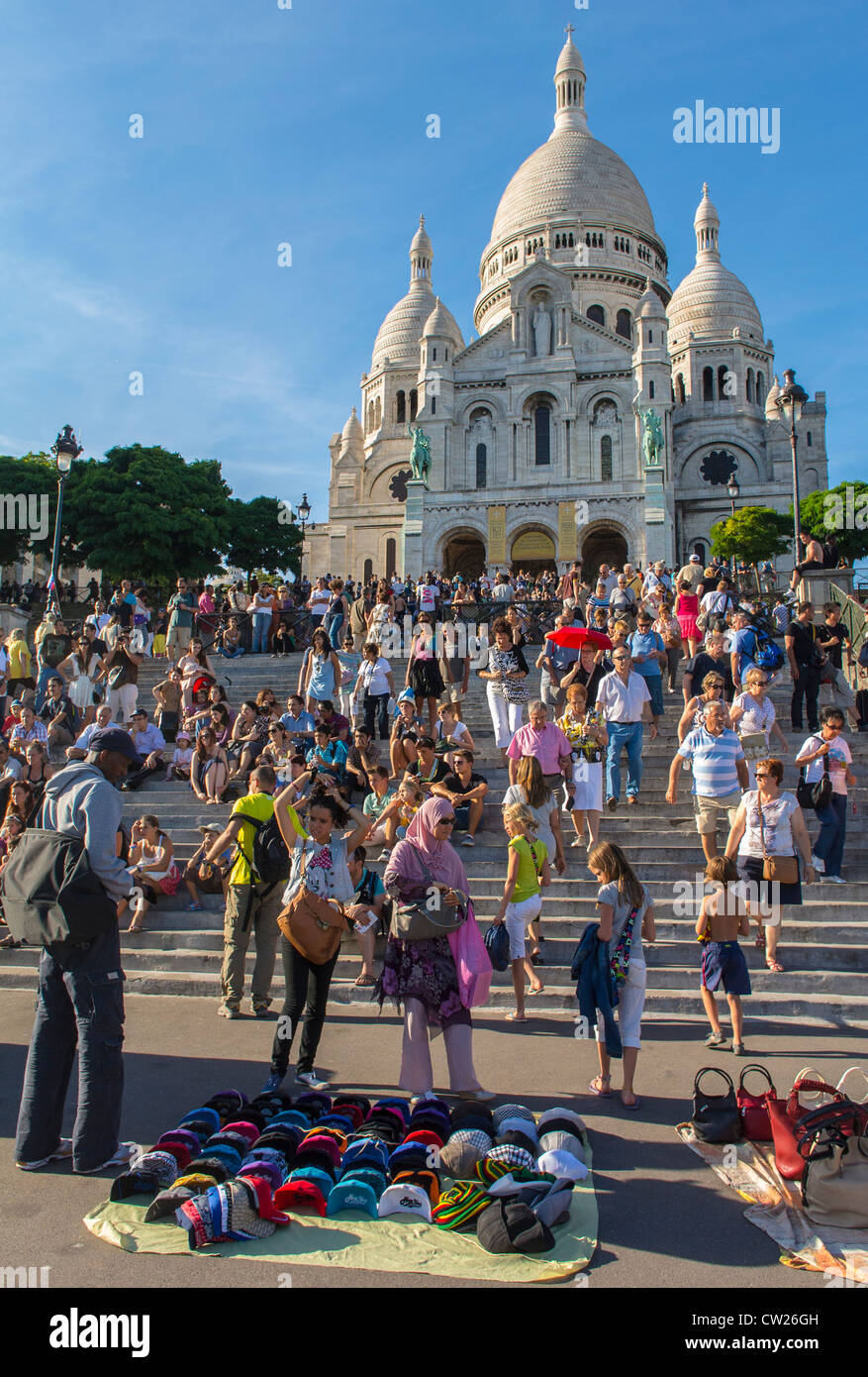 Paris, France, Crowd Tourists Visiting Montmartre Area, Going up ...