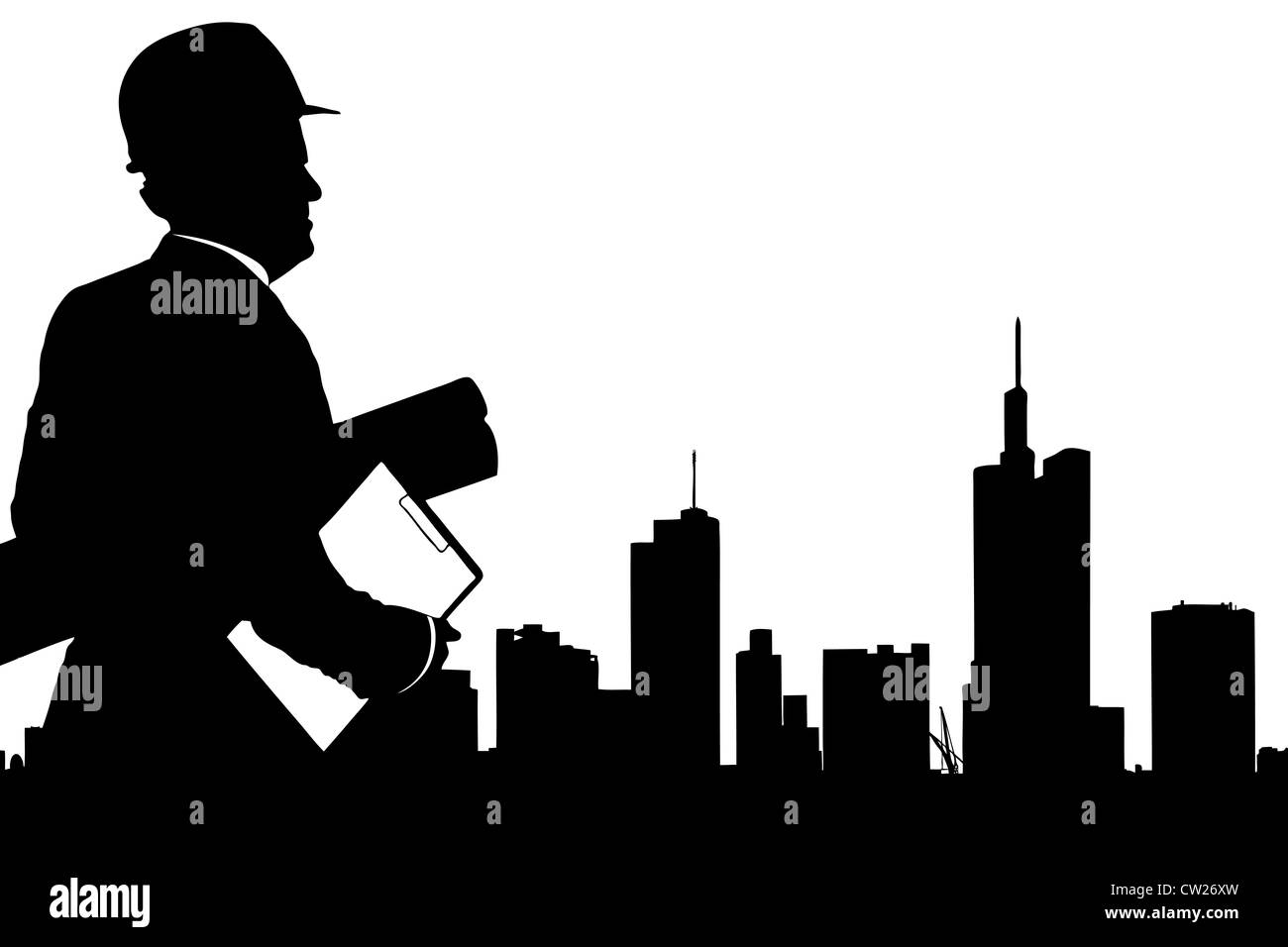 Silhouette of male engineer looking at buildings in the financial ...