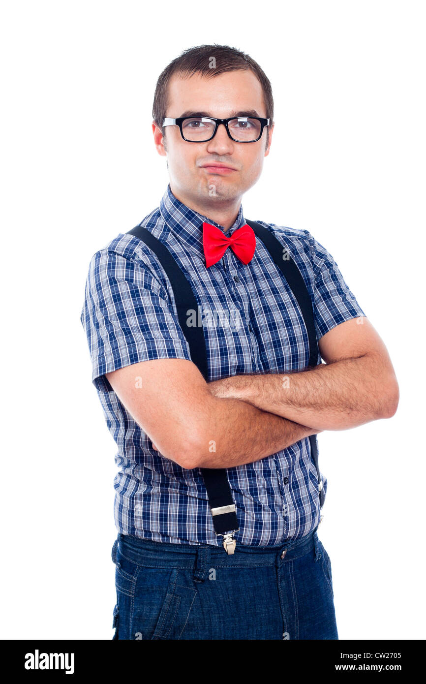 Portrait of funny self-confident nerd man, isolated on white background ...