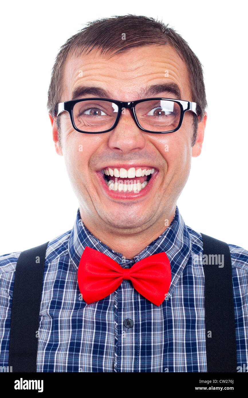 Portrait of funny nerd man laughing, isolated on white background Stock ...