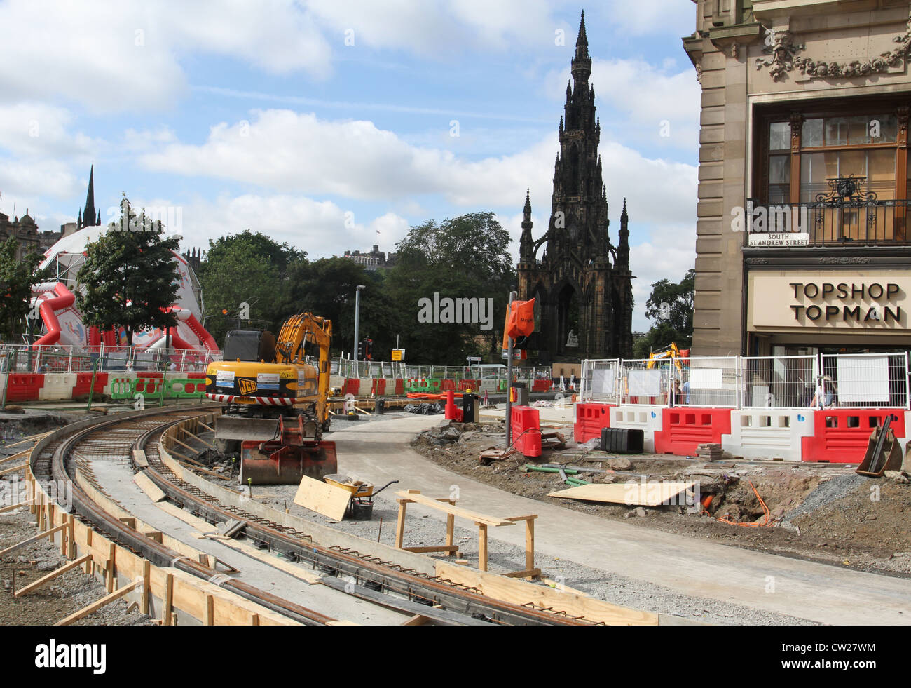 Tram tracks under construction Princes street Edinburgh Scotland August ...