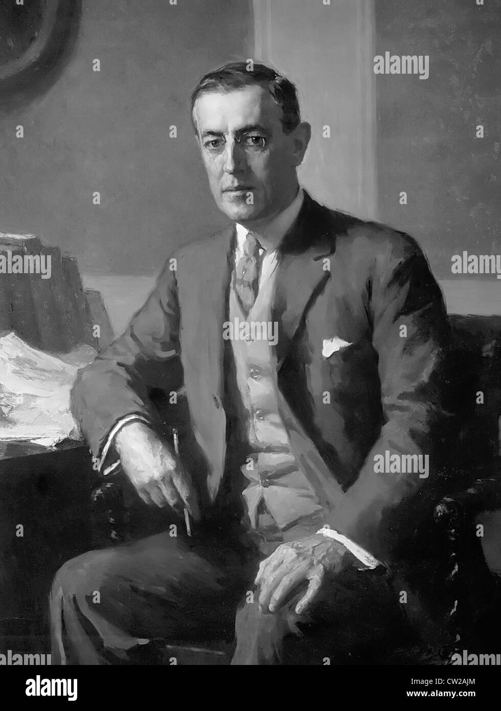 Woodrow Wilson, three-quarter length portrait, seated, facing slightly ...