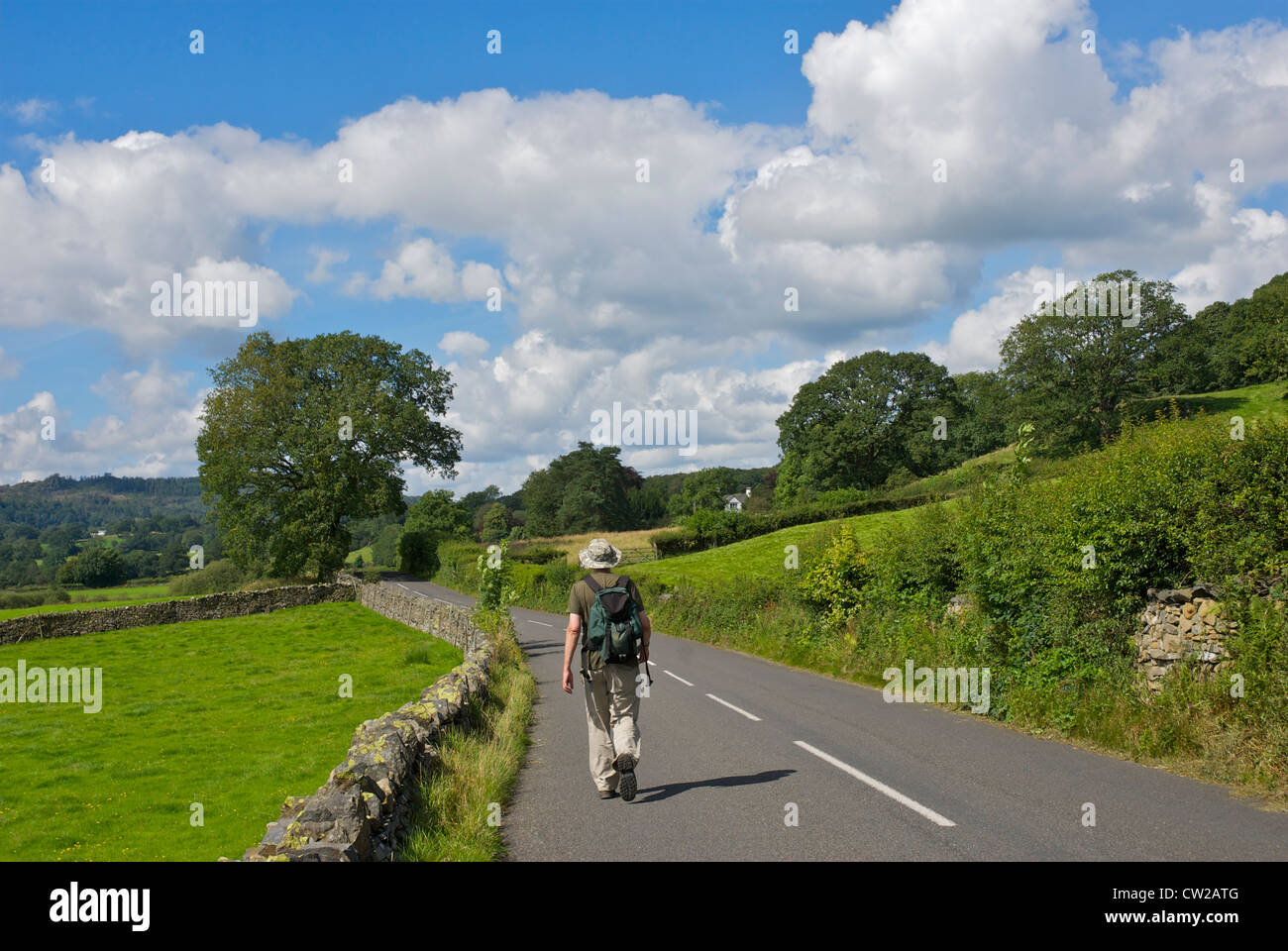 Man walking along a country road near Hawkshead, Lake District National ...