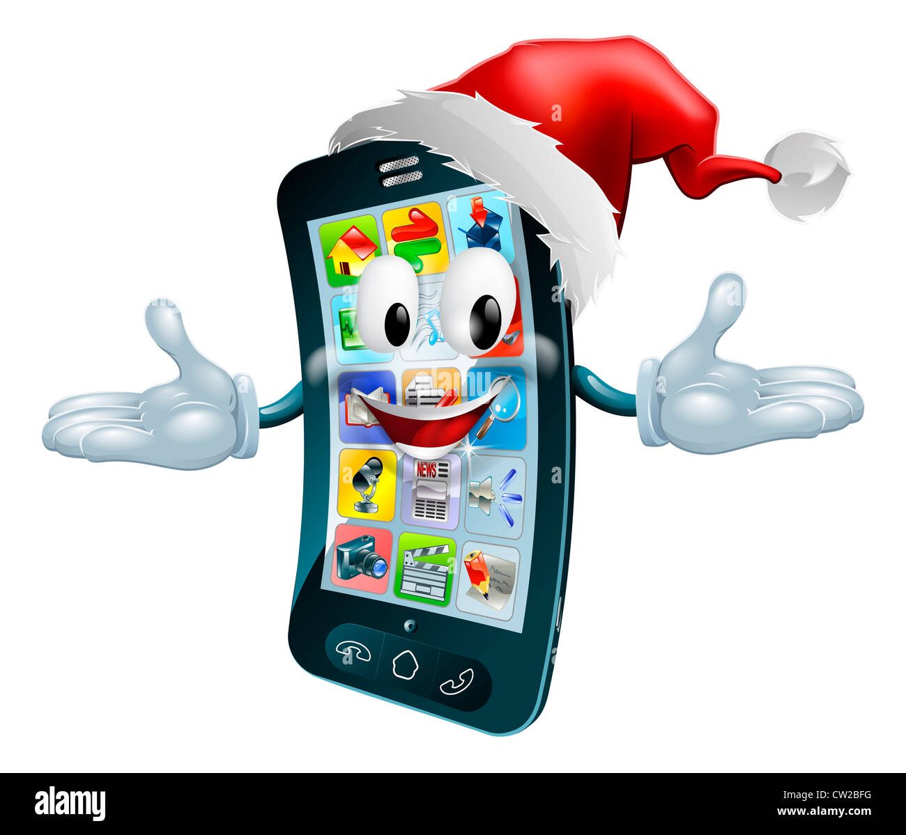 Illustration of a happy Christmas cell phone wearing a Santa Claus hat ...