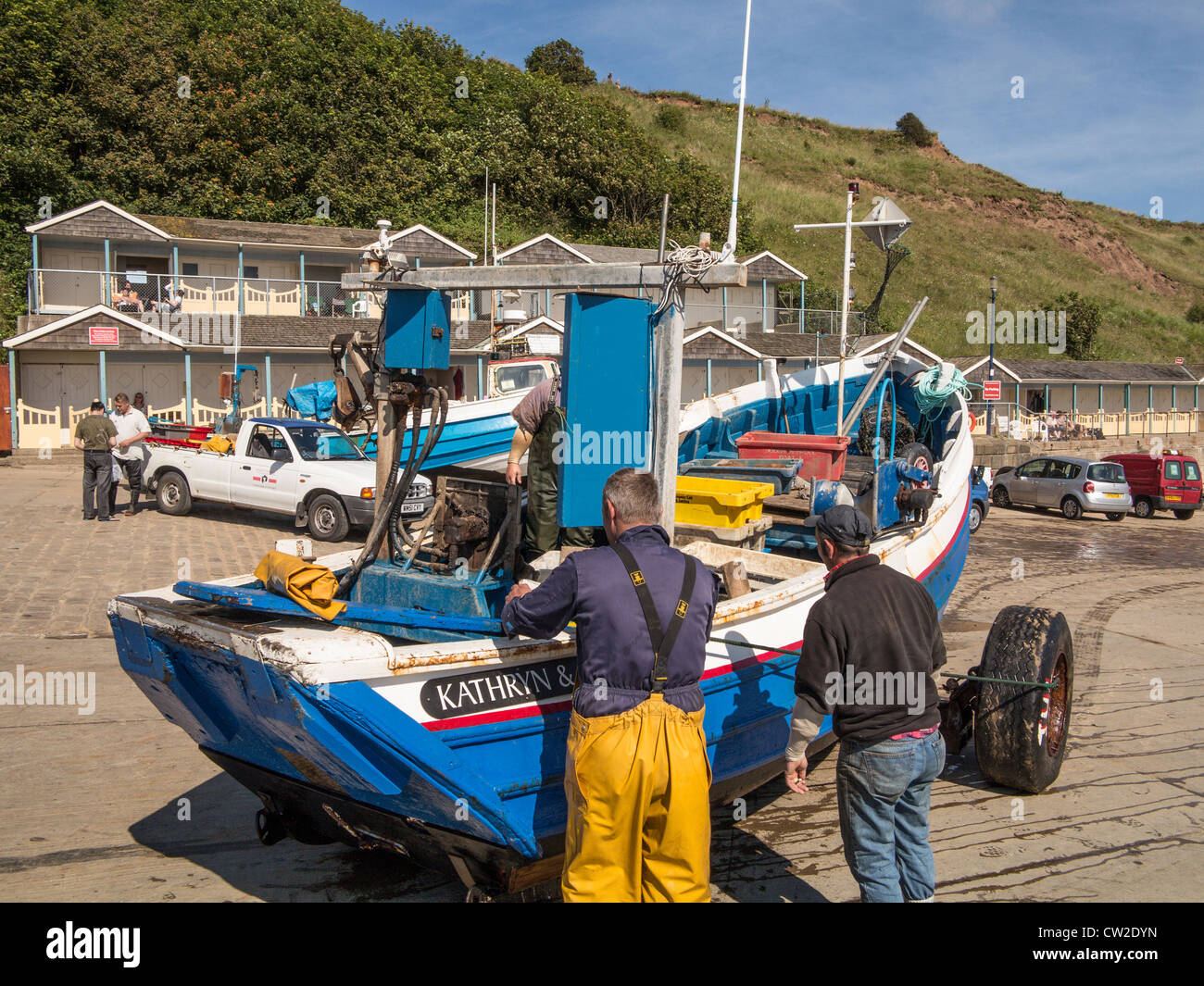 Filey Yorkshire UK Fishing cobles and fishermen on The Coble Landing ...