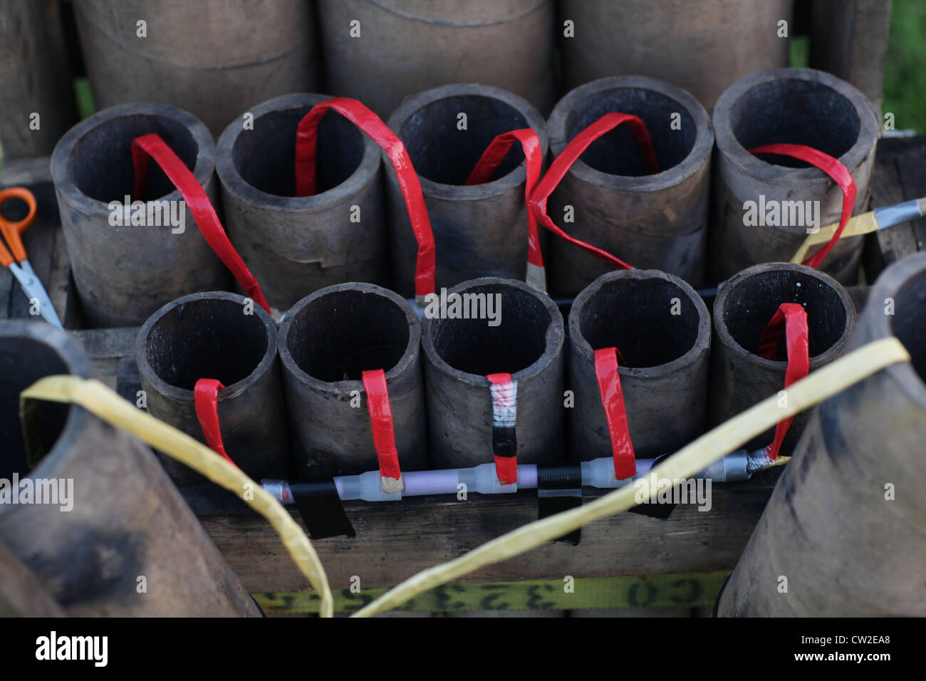 Professional firework launch set up tubes and electrical leads and ...