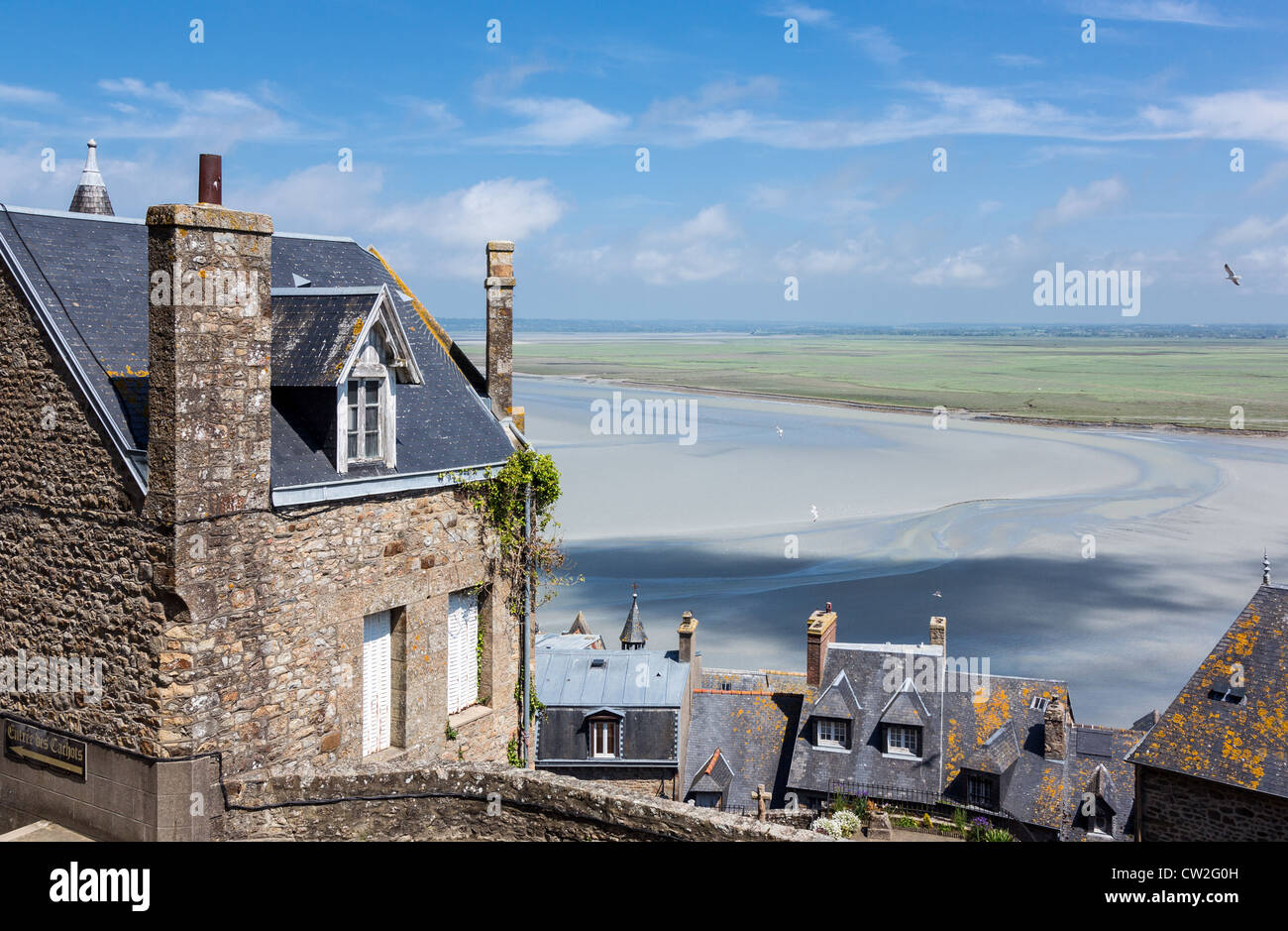 France, Normandy, Mont St Michel, view of the bay from the medieval ...