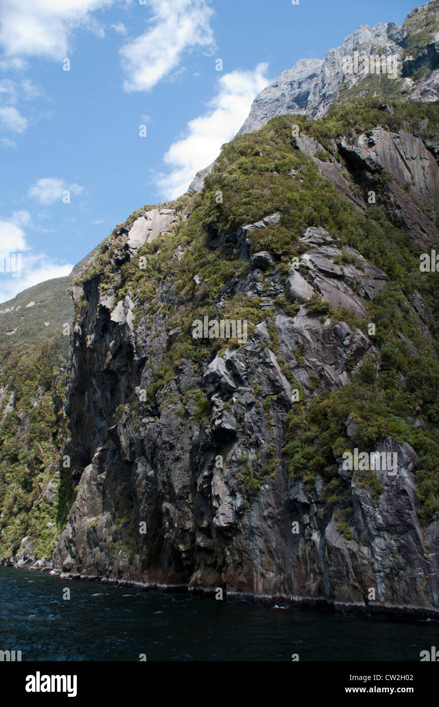 Steep mountain slopes dip into Milford Sound, an important touristic ...
