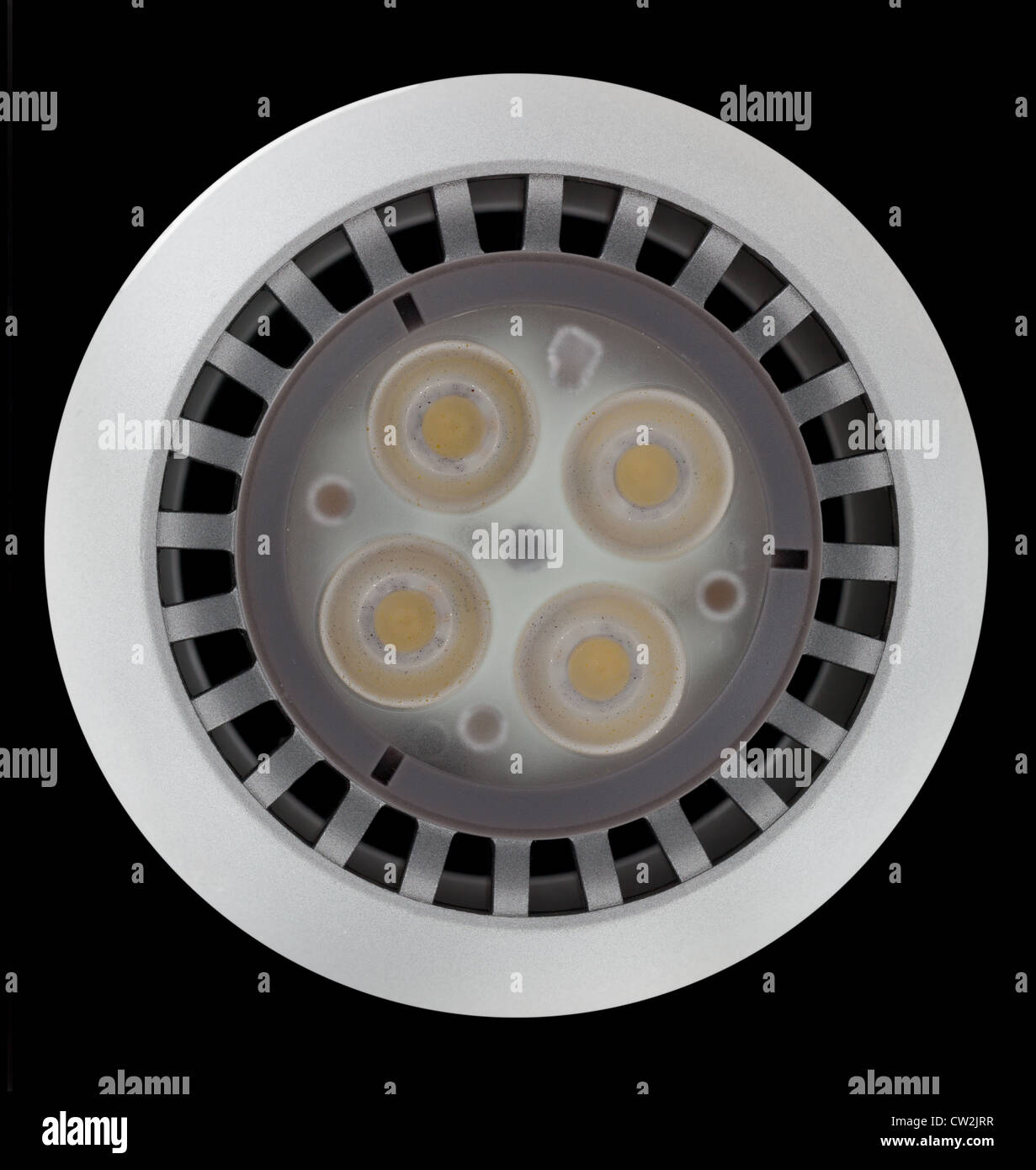 LED Light bulb illuminated and taken from above and isolated against ...