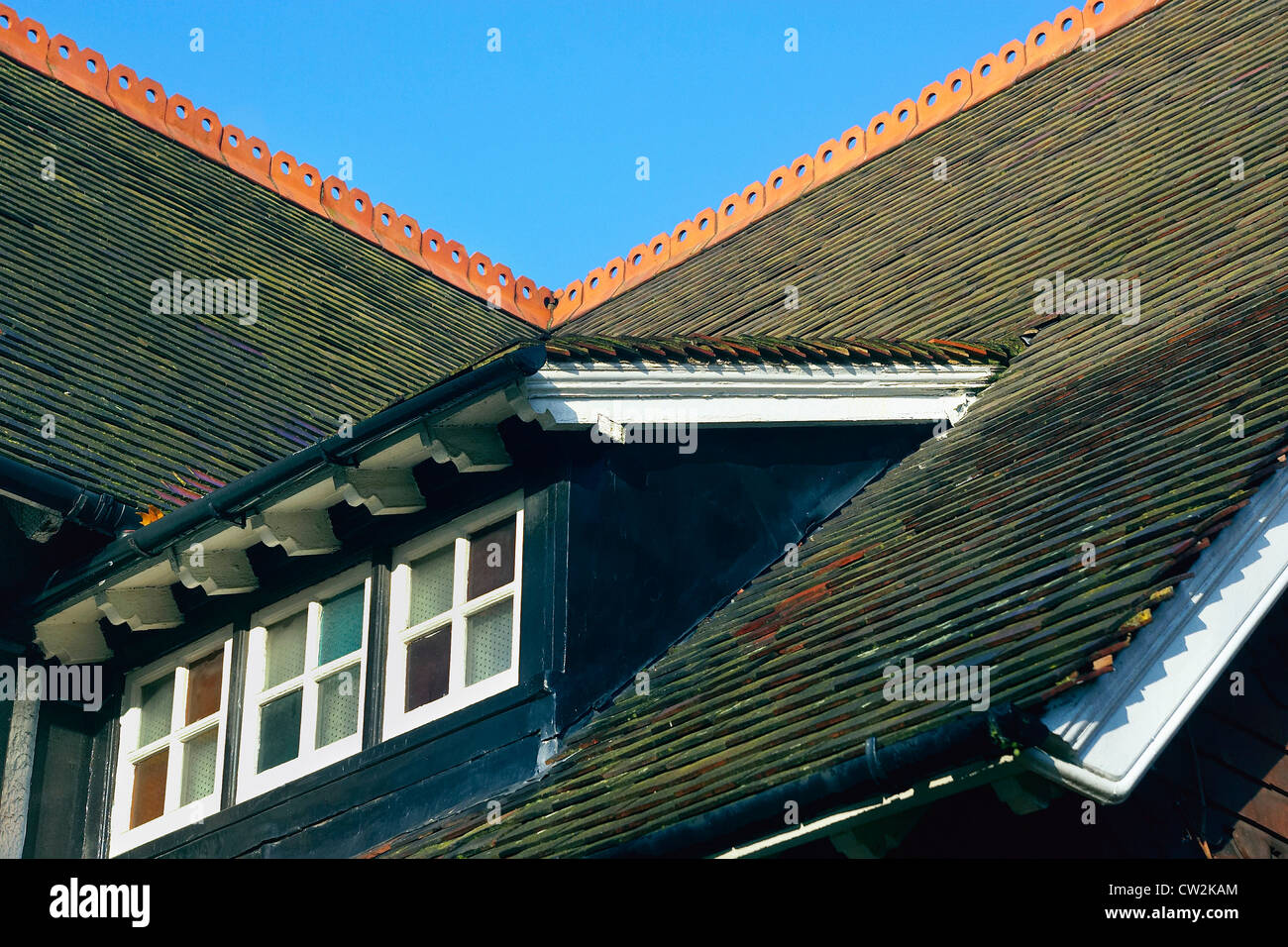 Roof top with decorative tiles over dormer window Stock Photo - Alamy