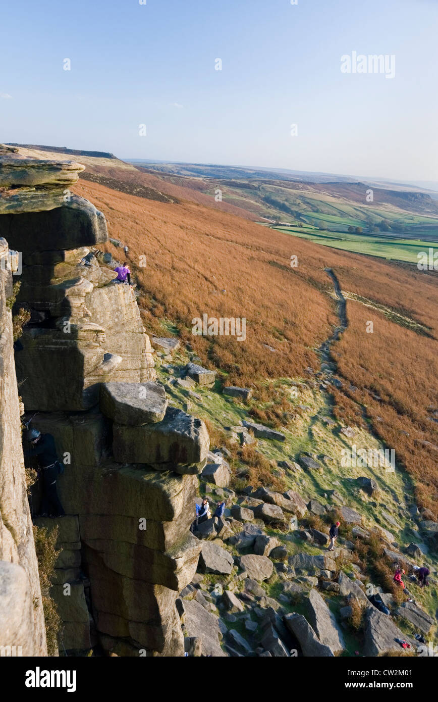 Climbers on Stanage Edge Gritstone Escarpment Cliff, Overlooking ...