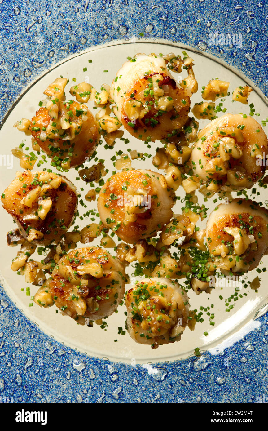Scallops dish on blue watery dish Stock Photo - Alamy