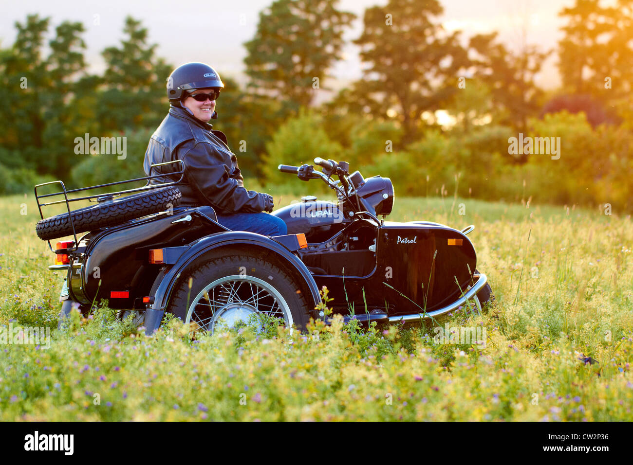 Woman on Motorcycle with Sidecar Stock Photo - Alamy