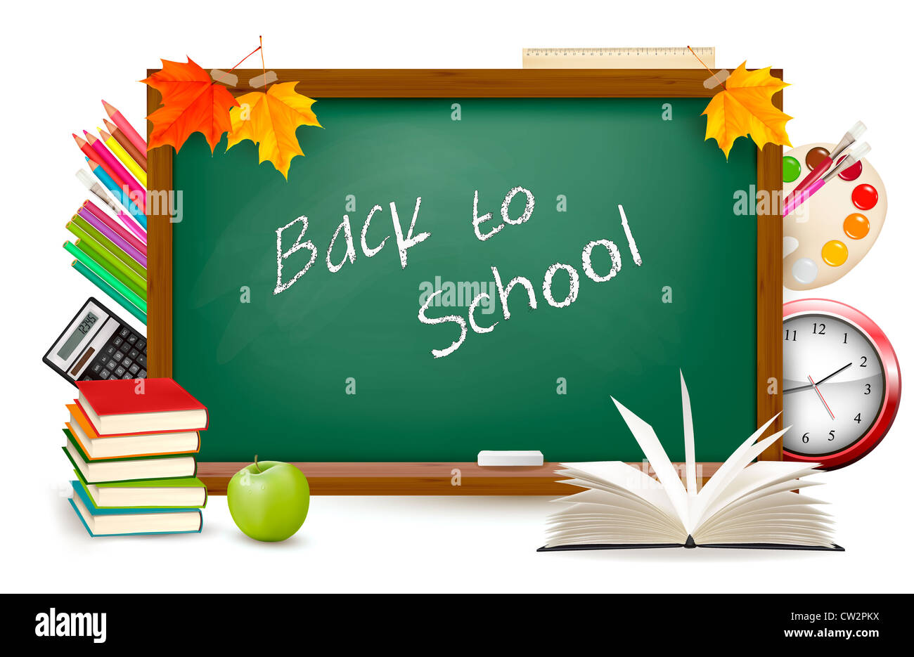Back to school Green board with school supplies and autumn leaves Stock ...