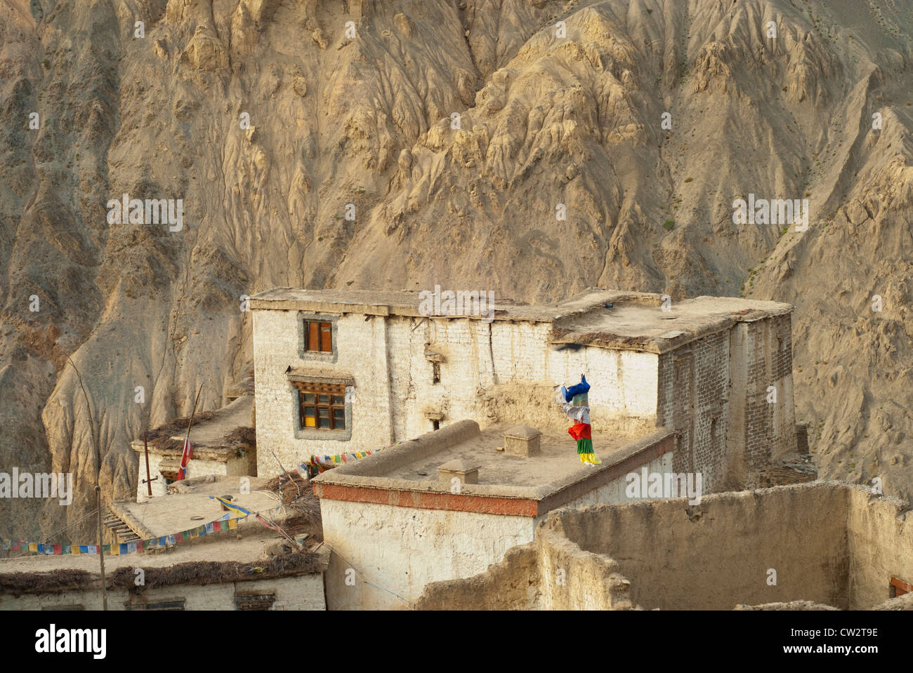 Traditional flat-roofed, stone Ladakh building at Lamayuru Monastery ...