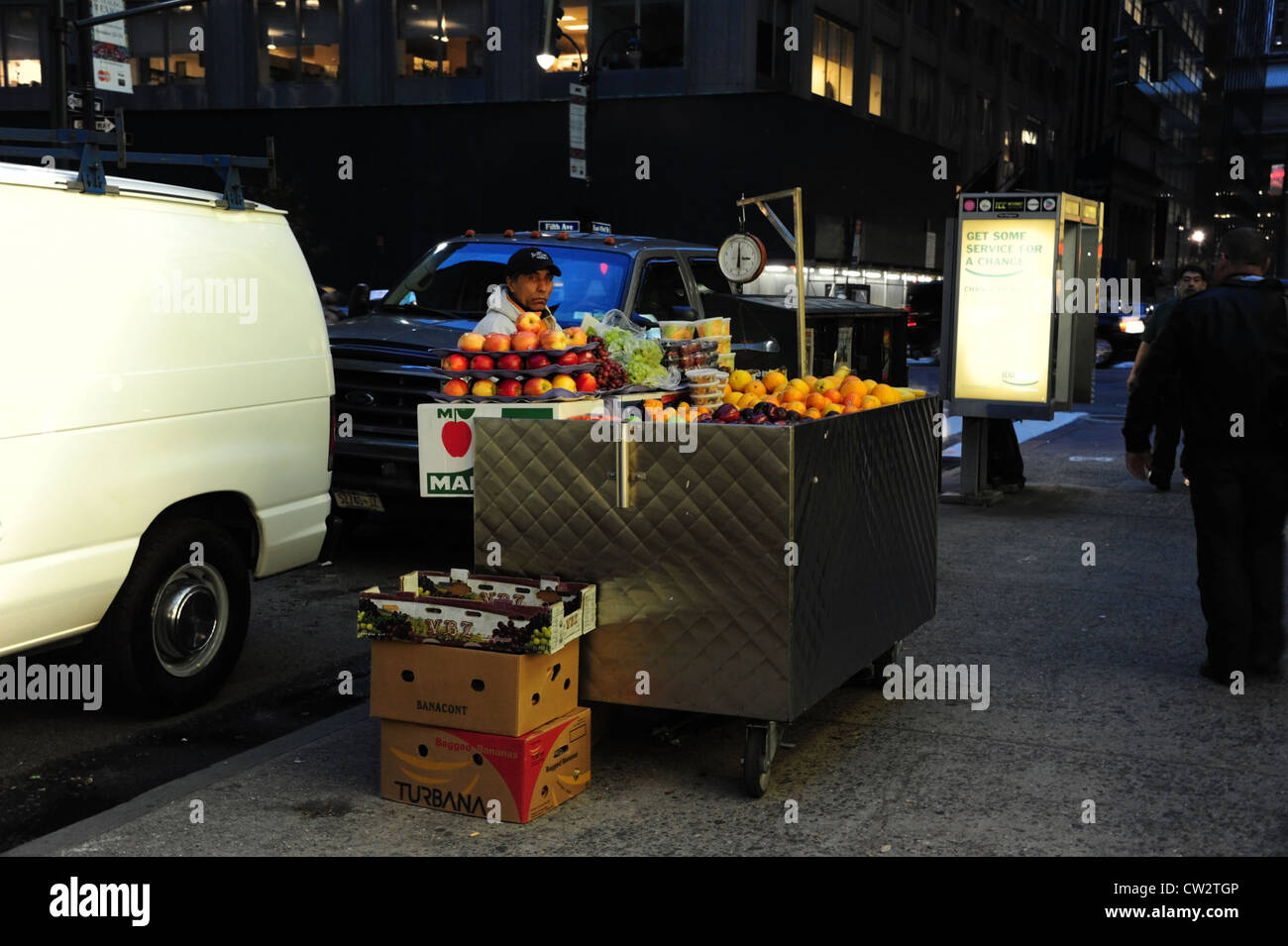 Electric lights twilight dawn view mobile stall selling fresh fruit ...