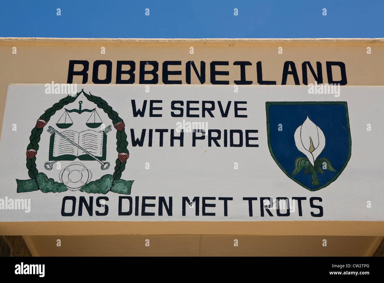 Prison entrance sign at Robben Island, Table Bay, prison grounds used ...