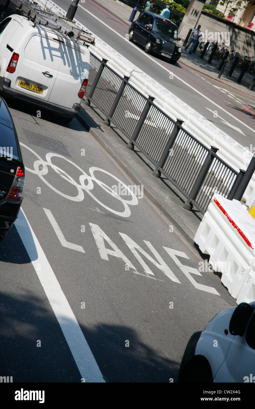 London, UK - July 26, 2012: London Olympic traffic restriction lane ...