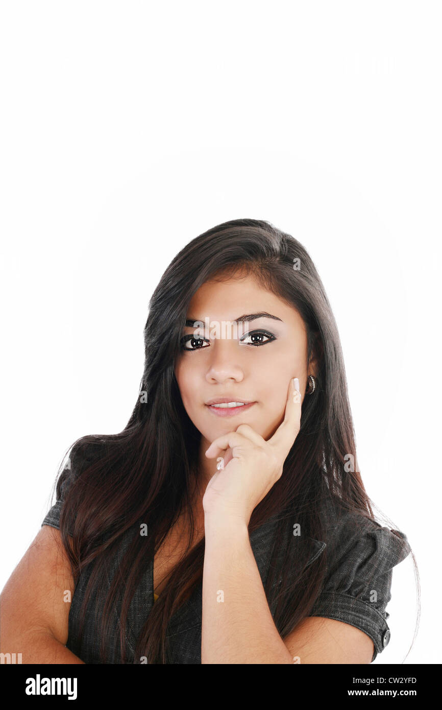 Young beautiful business woman thinking / making choice, isolated on ...