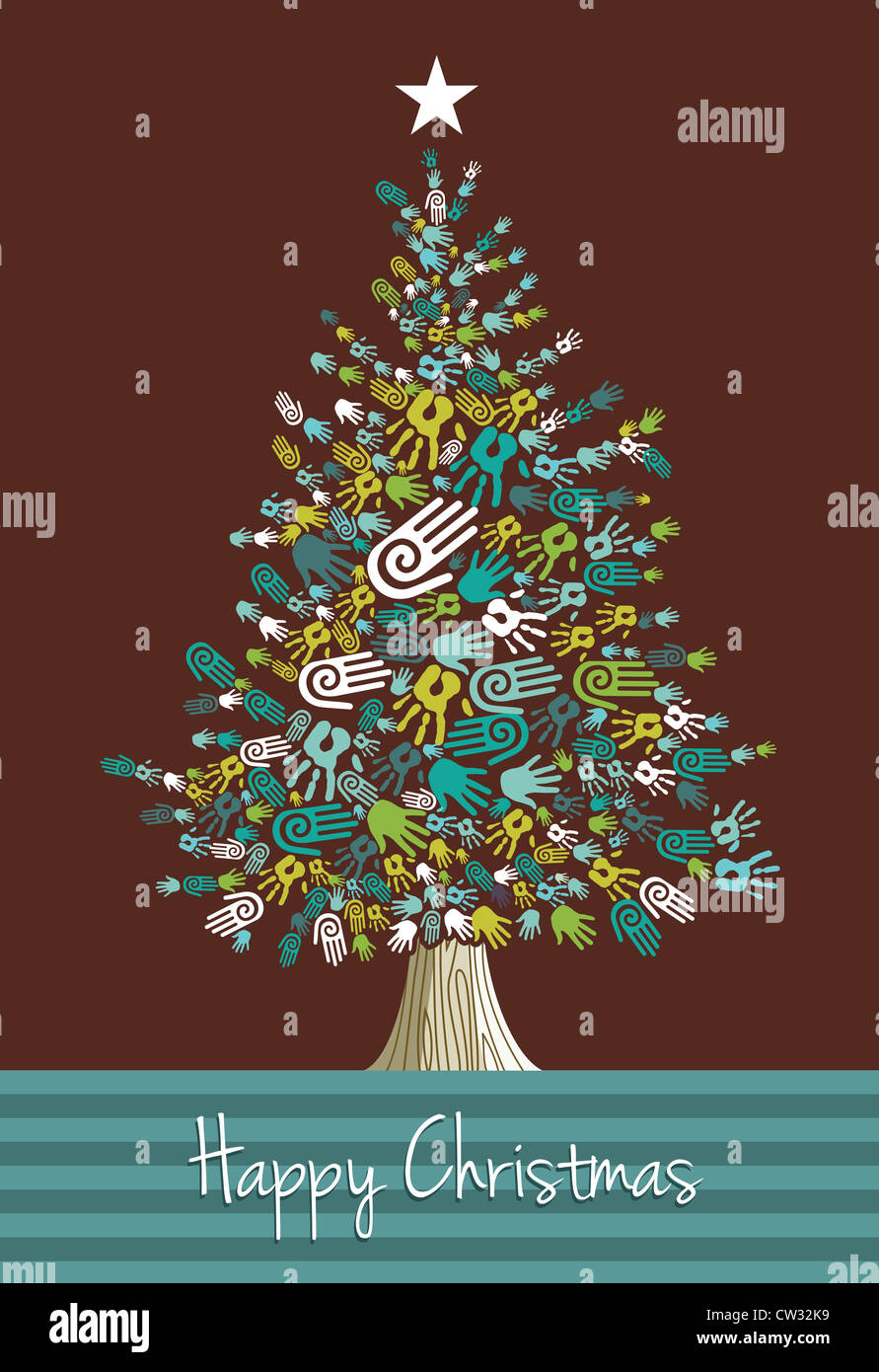 Diversity Christmas Tree hands greeting card. Vector illustration ...