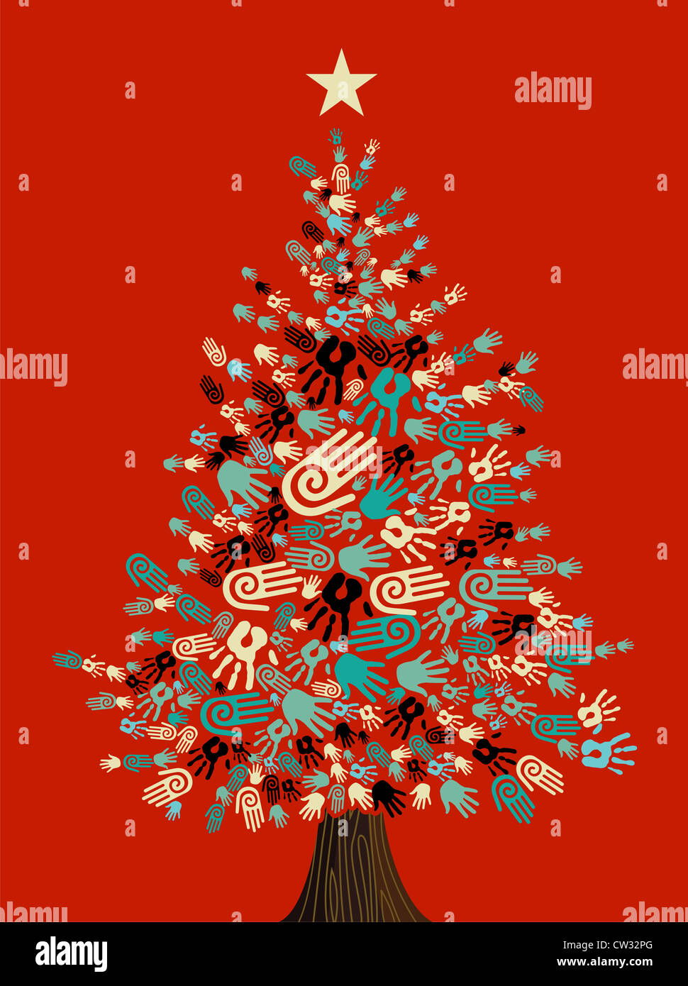 Diversity Christmas Tree hands greeting card. Vector illustration ...
