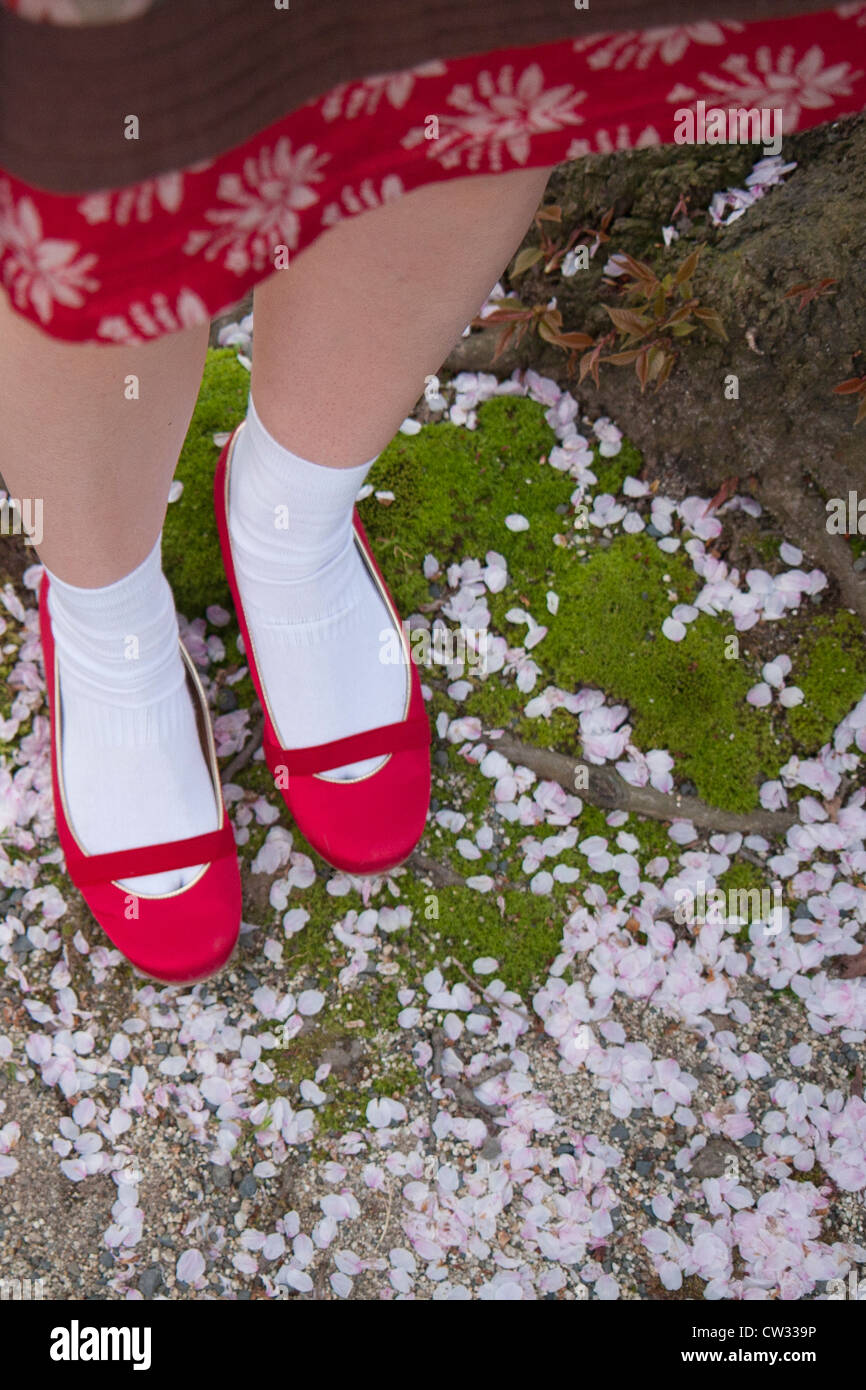Girl with red shoes with fallen cherry blossom, Kyoto, Japan Stock ...