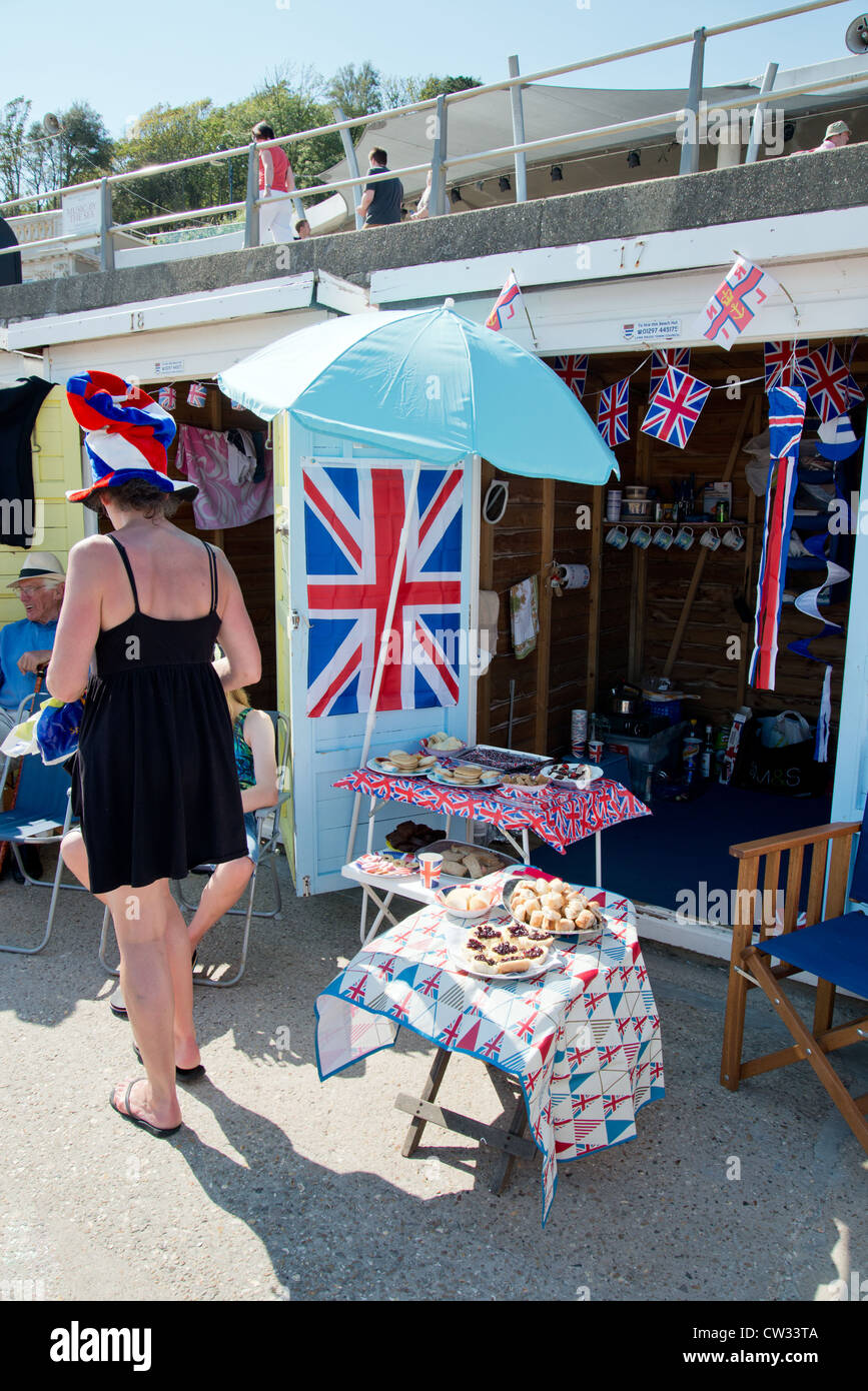 Beach hut picnic on promenade, Lyme Regis, Dorset, England, United ...
