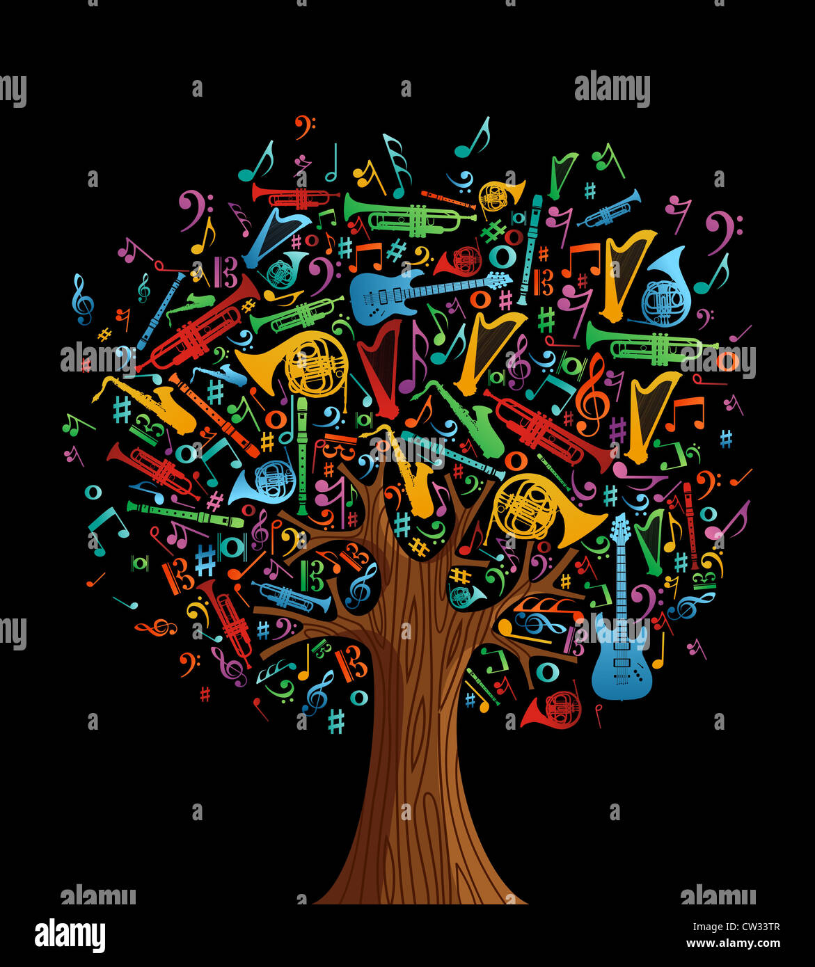 Abstract musical tree made with instruments shapes illustration. Vector ...