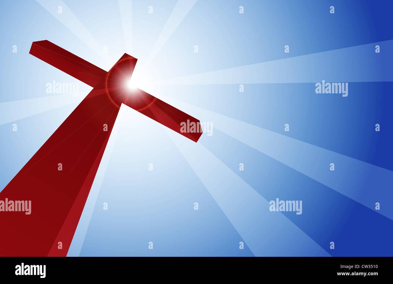 Crimson cross standing high behind a glaring light Stock Photo - Alamy