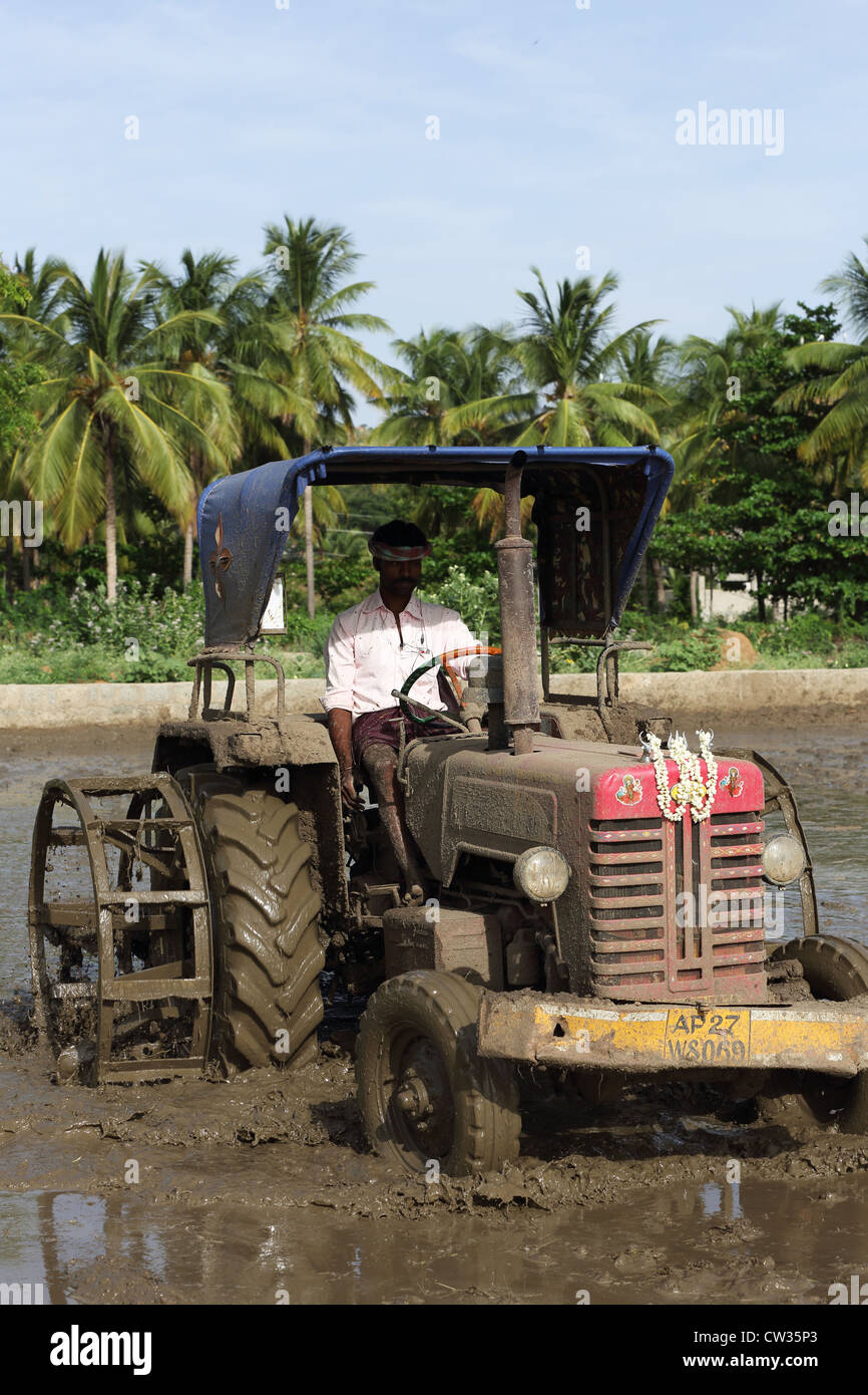 Tractor preparing a paddy field Andhra Pradesh South India Stock Photo ...