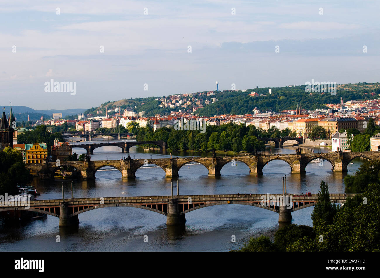 A beautiful view of the Vltava river and the old bridges and buildings ...