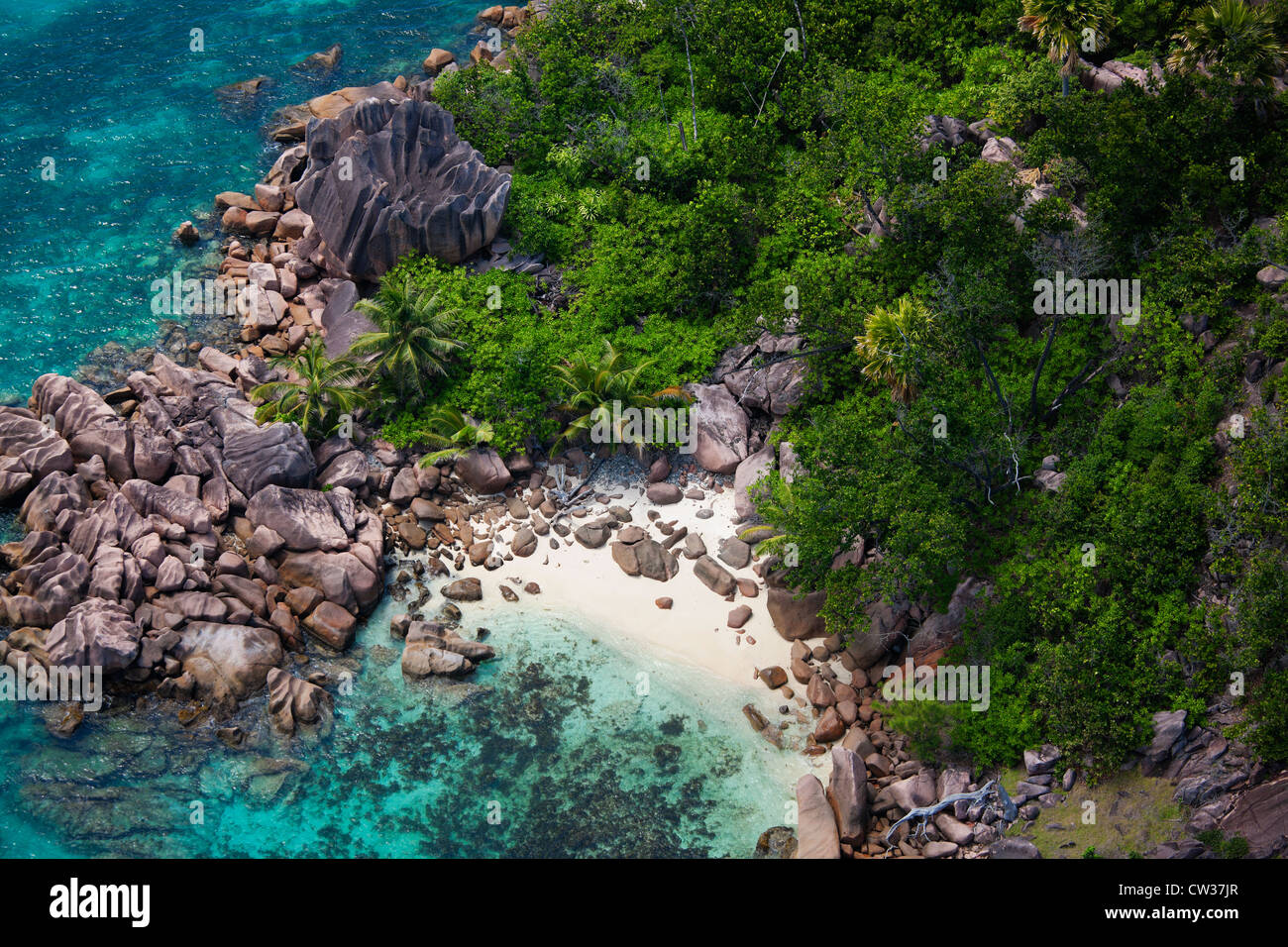 Aerial view of a secluded beach, coast of Praslin.Seychelles Stock ...