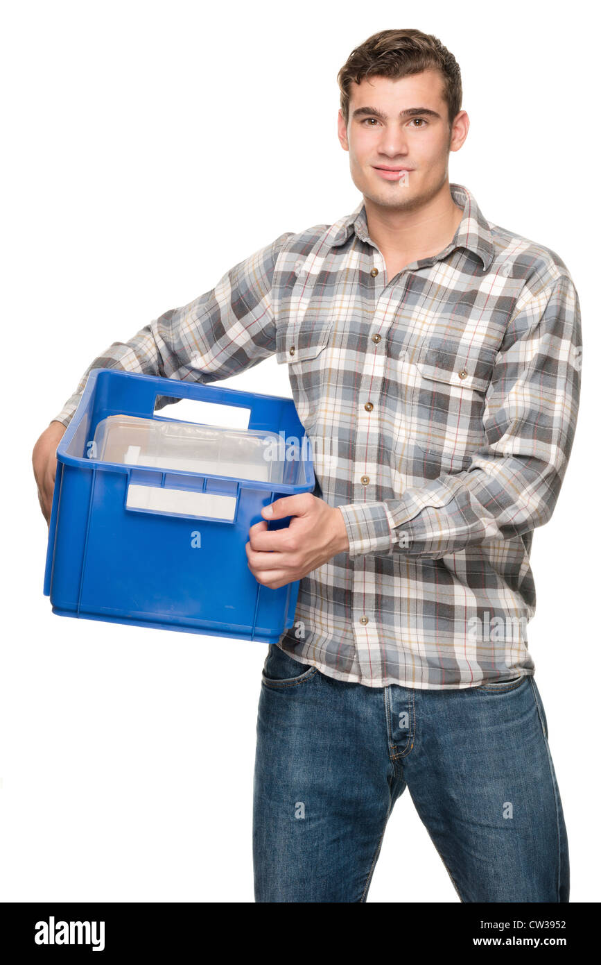 Young man with blue box in front of white background Stock Photo - Alamy