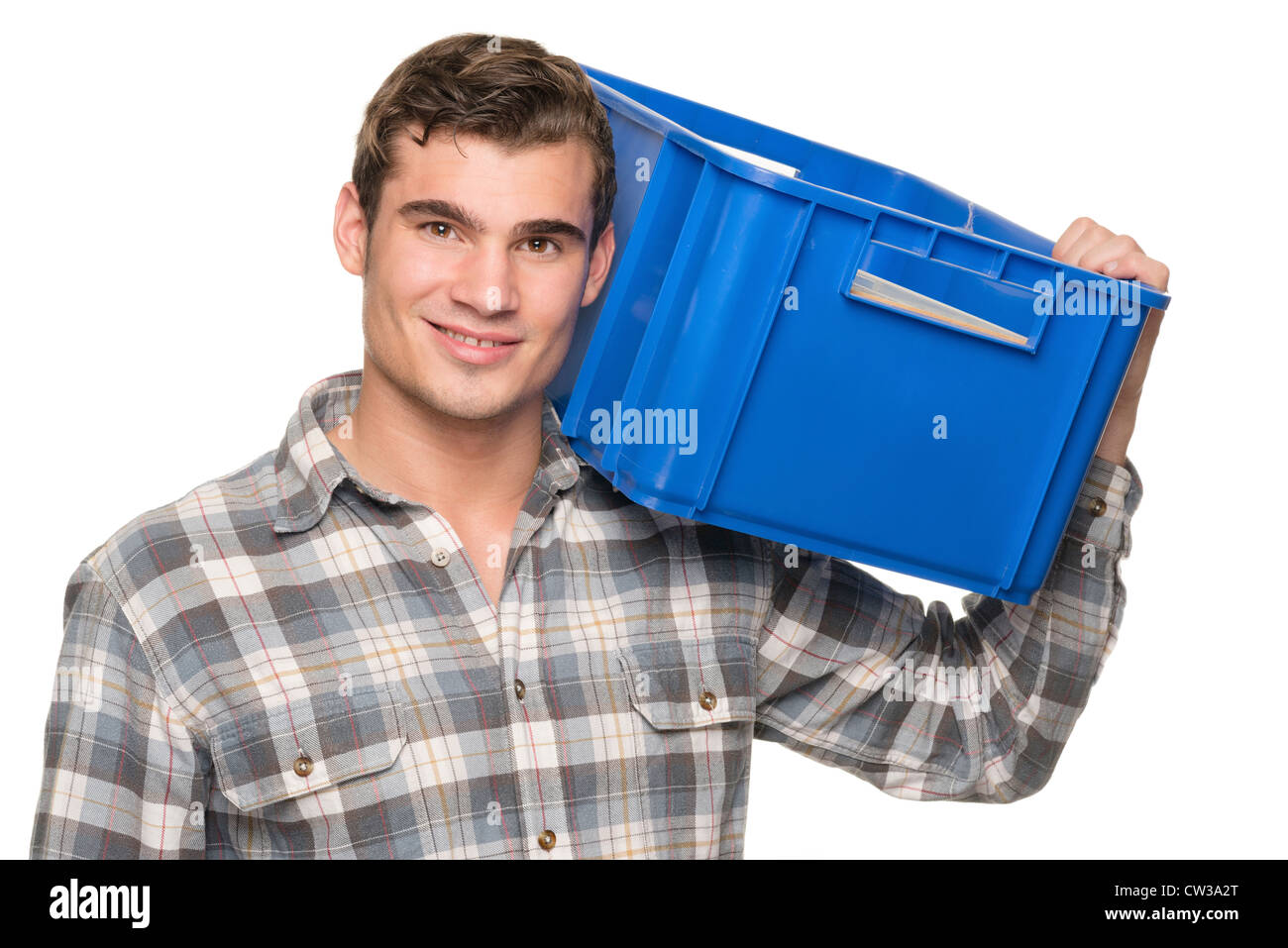 Young man with blue box in front of white background Stock Photo - Alamy